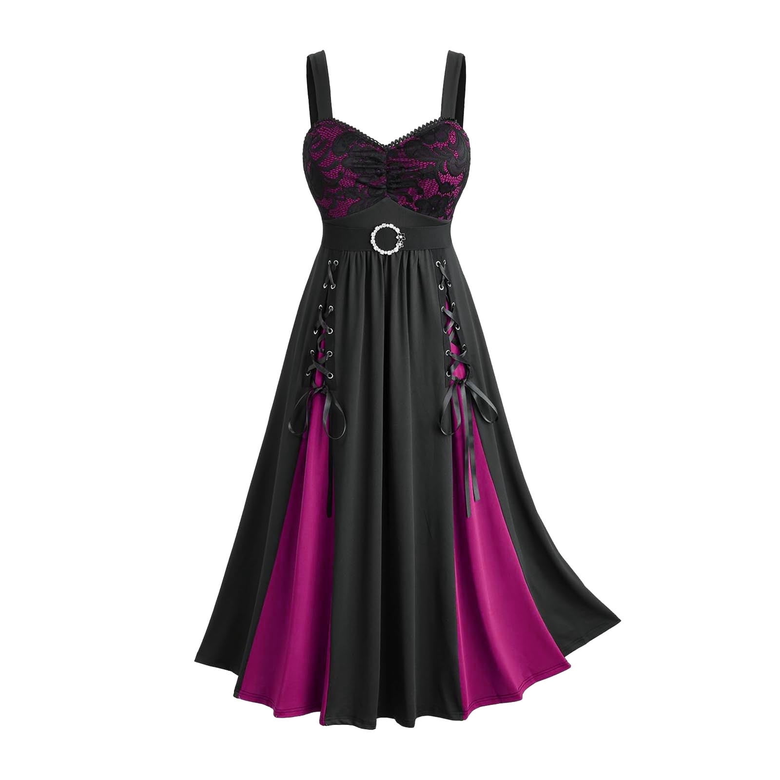 FAVIPT Womens Gothic Dress Long Lace Up Bandage Corset Dress Grommets ...