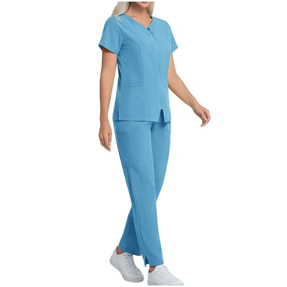 FAVIPT Womens Nurse Scrub Set Short Sleeve Zipped Blouses Stretch Pant ...