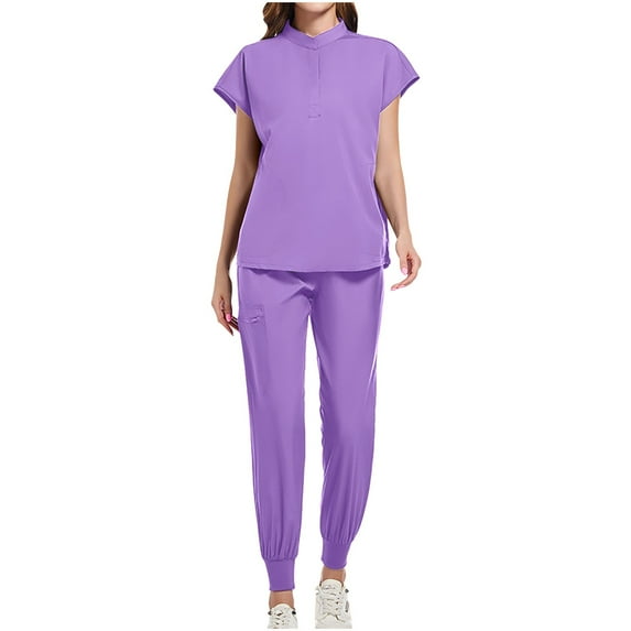 FAVIPT Womens Scrub Set Soft Round Neck Short Sleeve Top Stretch ...