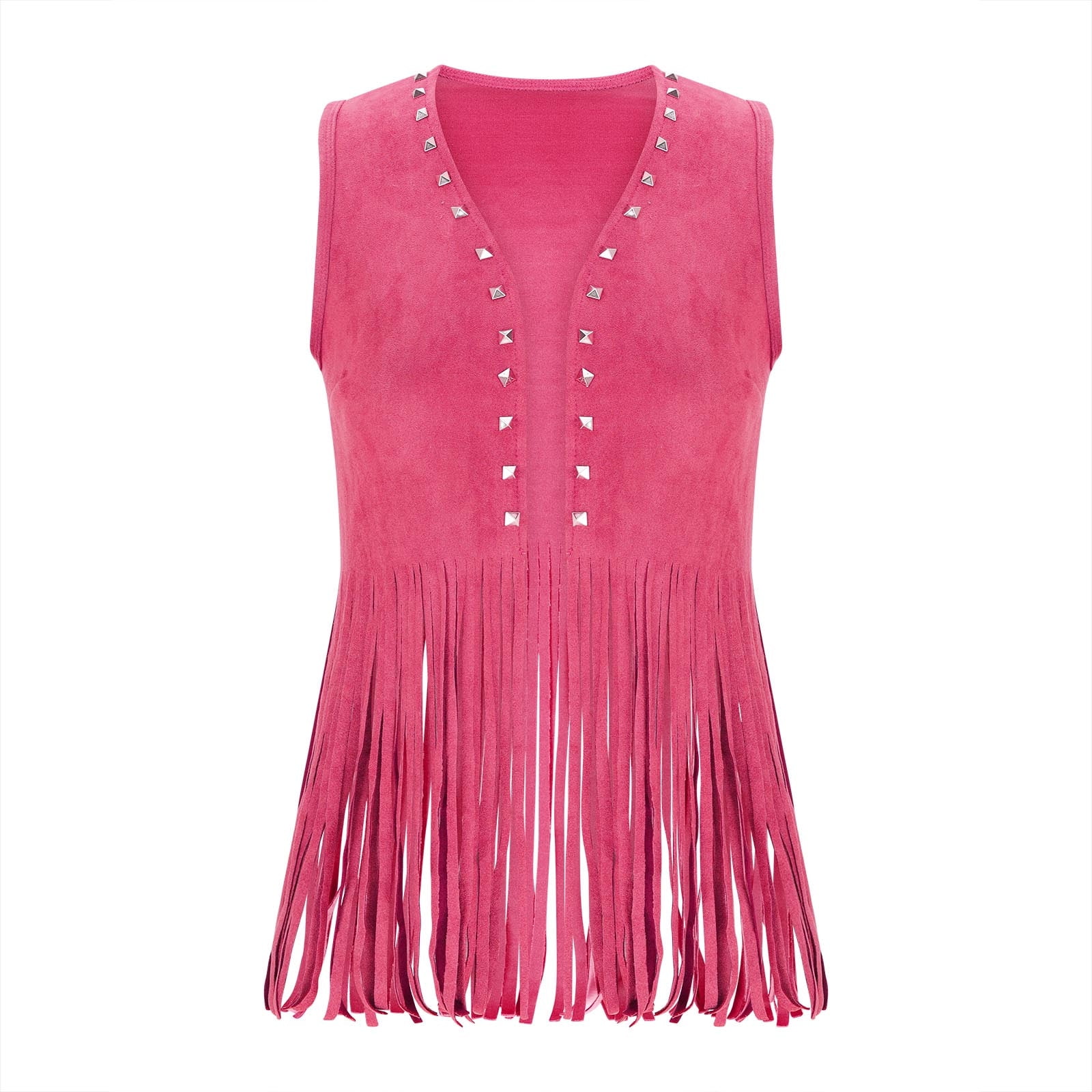 FAVIPT Womens Western Vest Jacket Tassel Rivet Faux Suede Outerwear Fringe Ethnic Hippie Tops ...