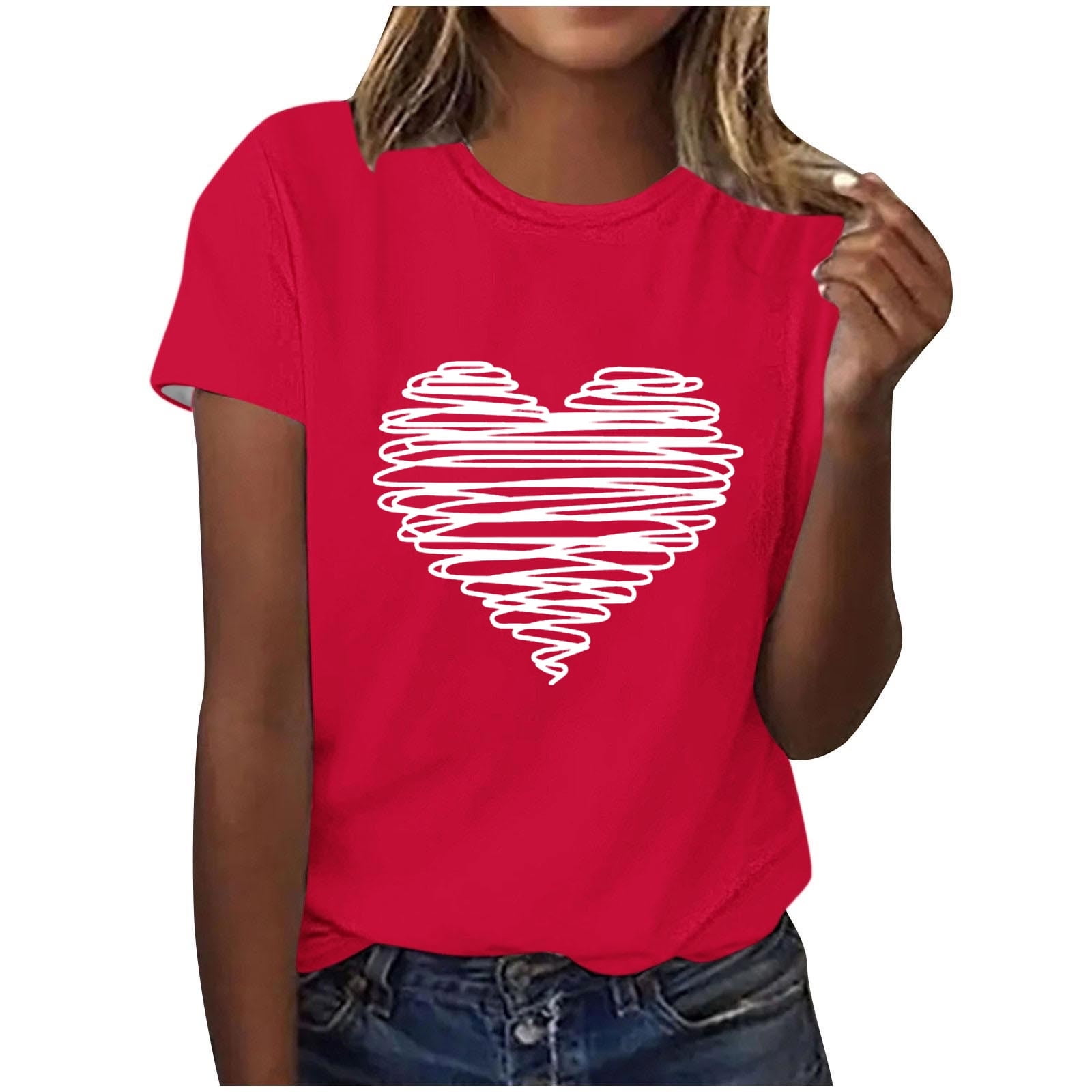 FAWUUDO Casual Womens Valentines Tee Short Sleeve Round Neck Printed ...