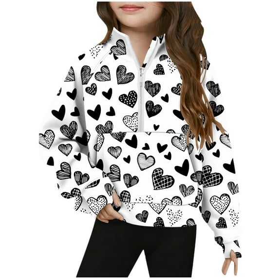 FAWUUDO Girls Big Kids Valentines Day Pullover Half Zip Stand Collar ...