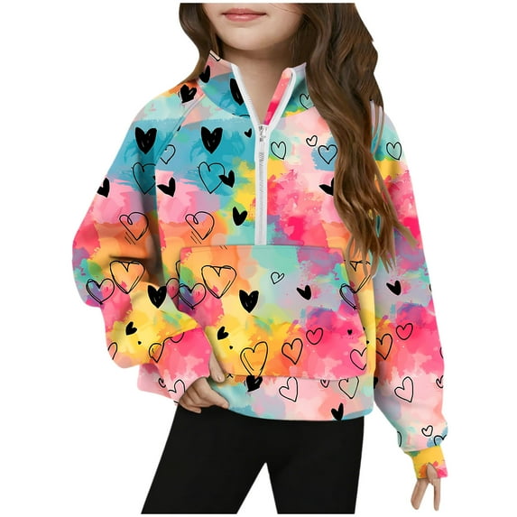 FAWUUDO Girls Big Kids Valentines Day Pullover Half Zip Stand Collar ...