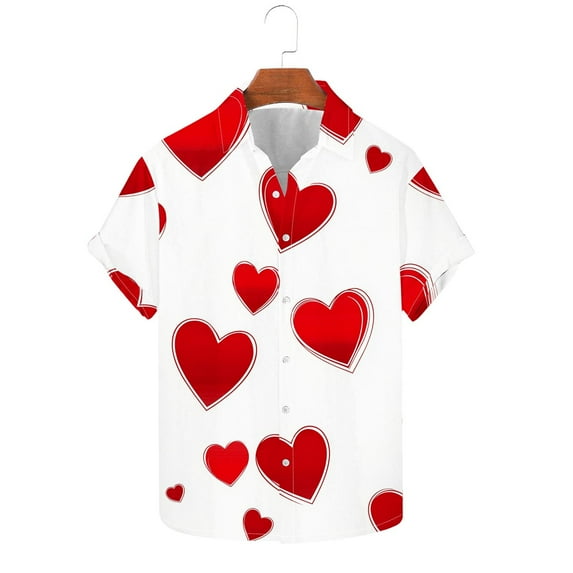 FAWUUDO Men's Valentine's Day Heart Love Print Hawaiian Shirt - Casual ...