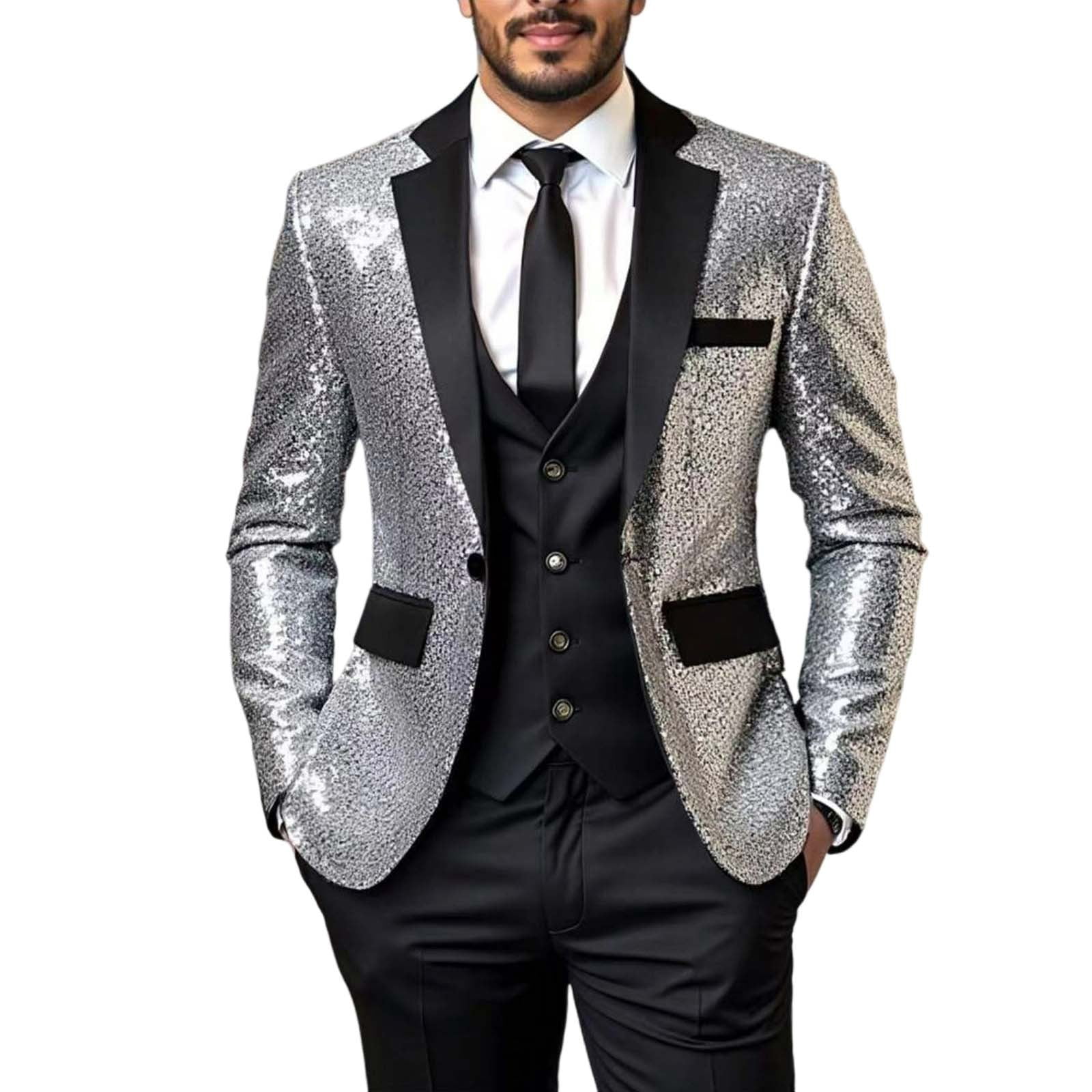 FAWUUDO Mens Sequin Suit Jacket Blazer Shawl Lapel One Button Sparkly ...