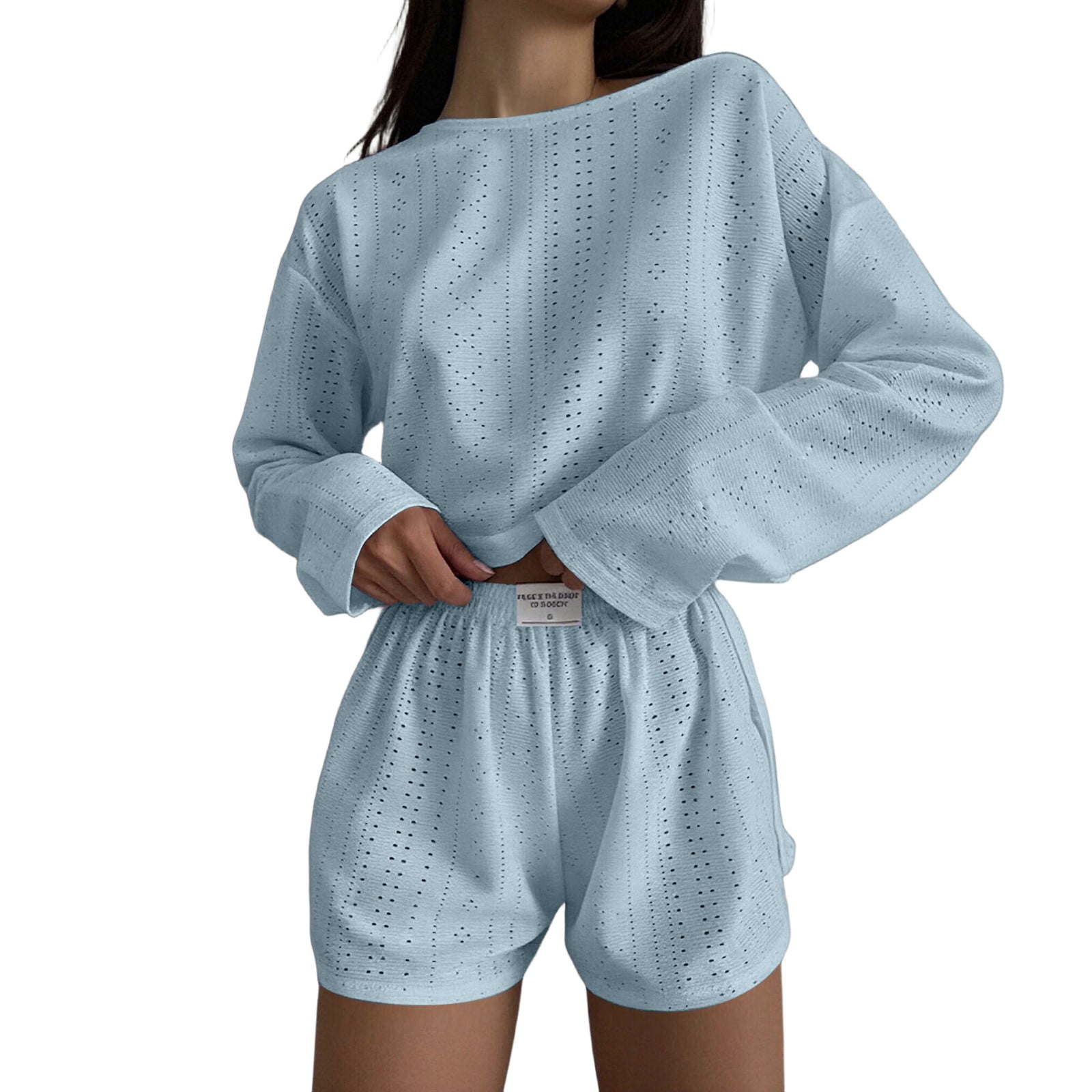 FAWUUDO Pajama Sets for Women 2 Piece Solid Long Sleeve Tops Hollow Out ...