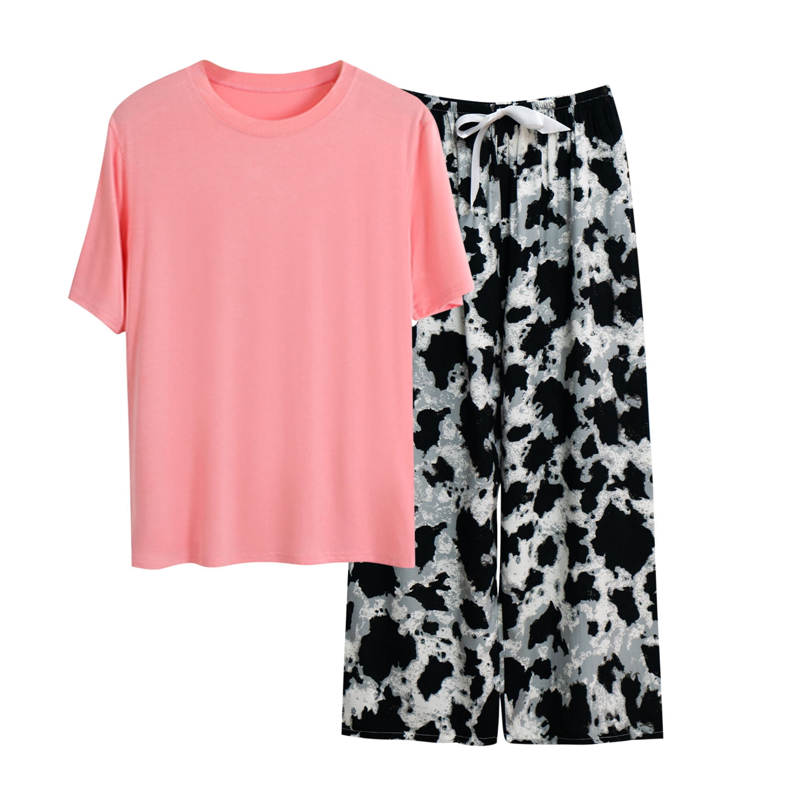 FAWUUDO Pajama Sets for Women 2 Pieces Print Round Neck Short Sleeve ...