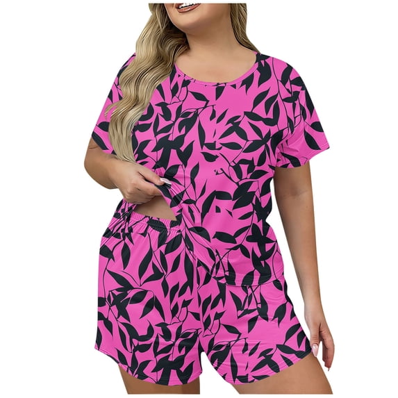 FAWUUDO Plus Size Women Pajama Sets 2 Piece Printed Outfits Short ...