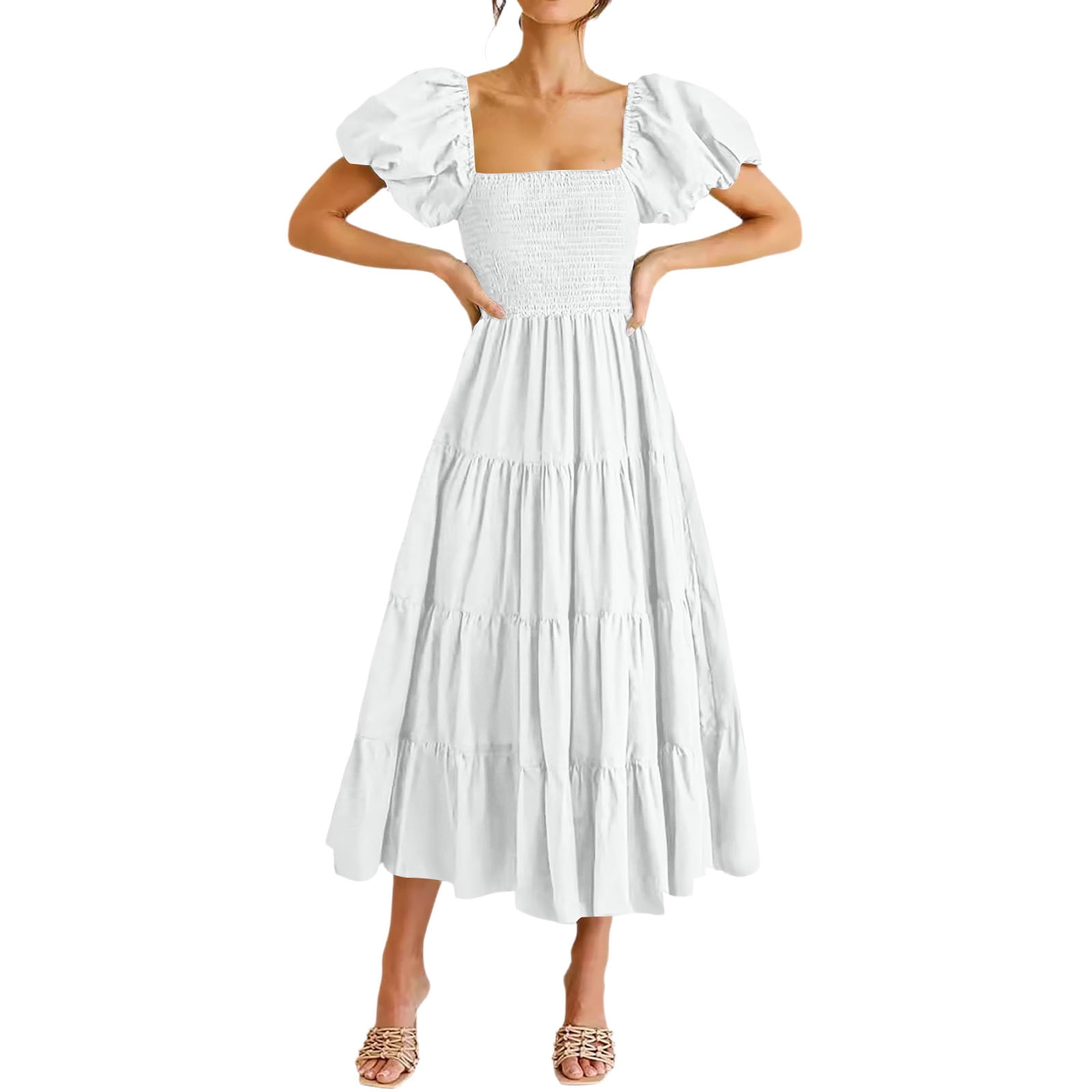 FAWUUDO Summer Dresses for Women Square Neck Backless Puff Short Sleeve ...
