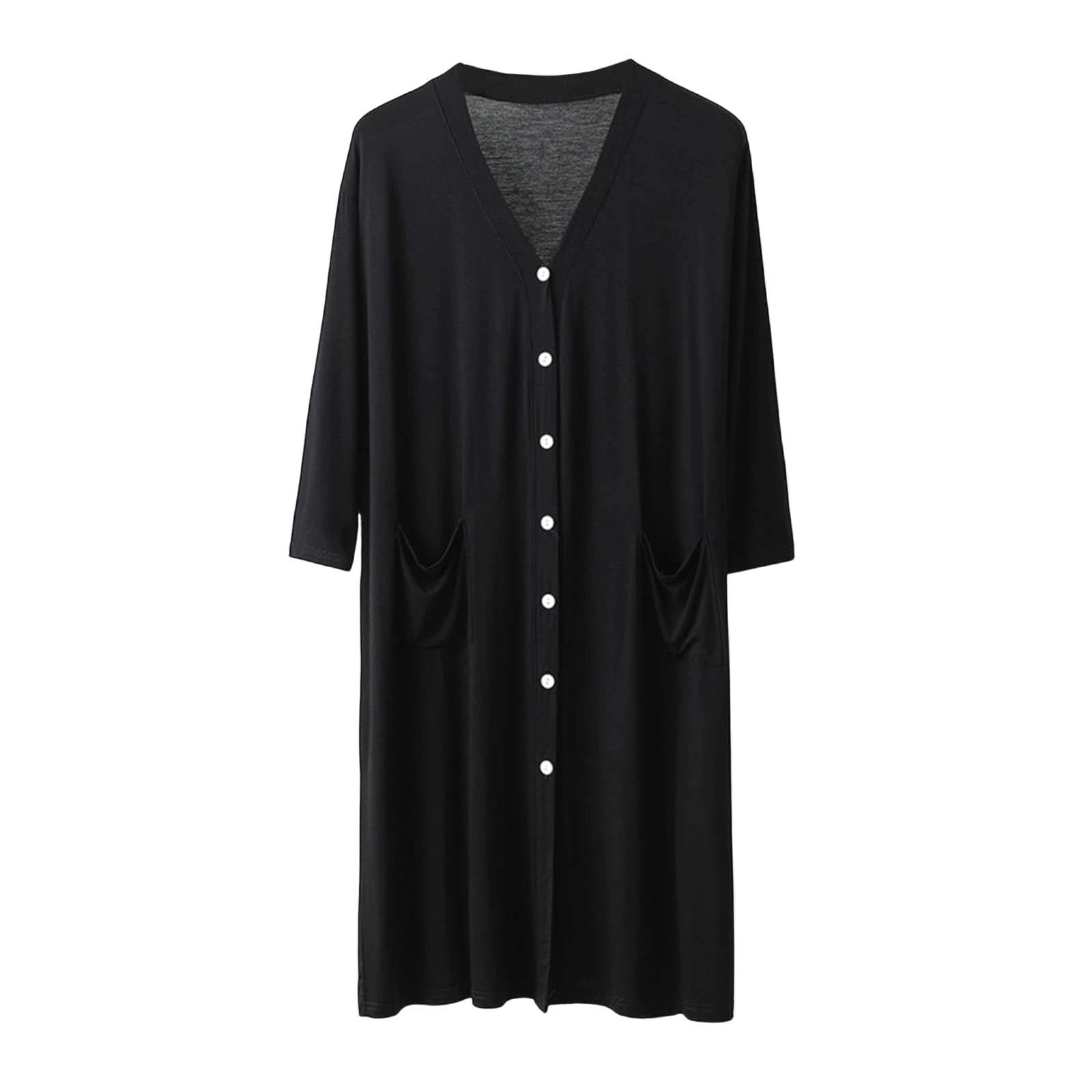FAWUUDO Unisex Robes V Neck 3/4 Sleeve Button Front Pockets Loose Fit ...