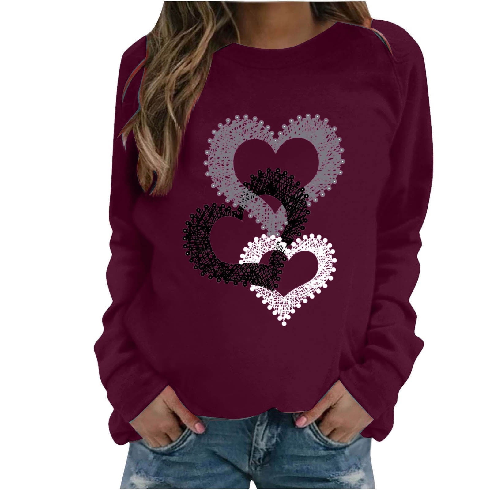 FAWUUDO Women Valentines Shirts Round Neck Long Sleeve Casual Heart T ...
