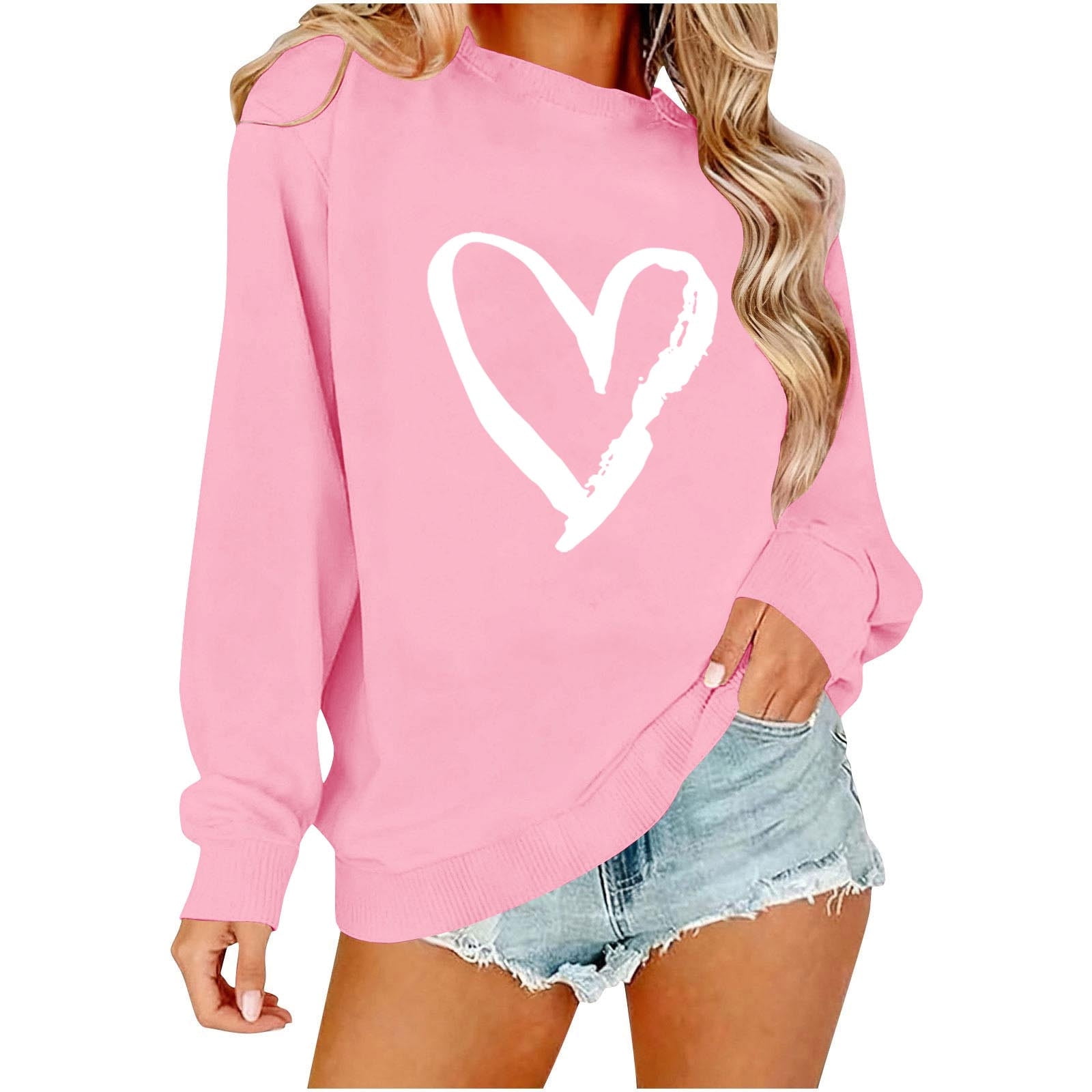 FAWUUDO Women Valentines Shirts Round Neck Long Sleeve Casual Heart T ...