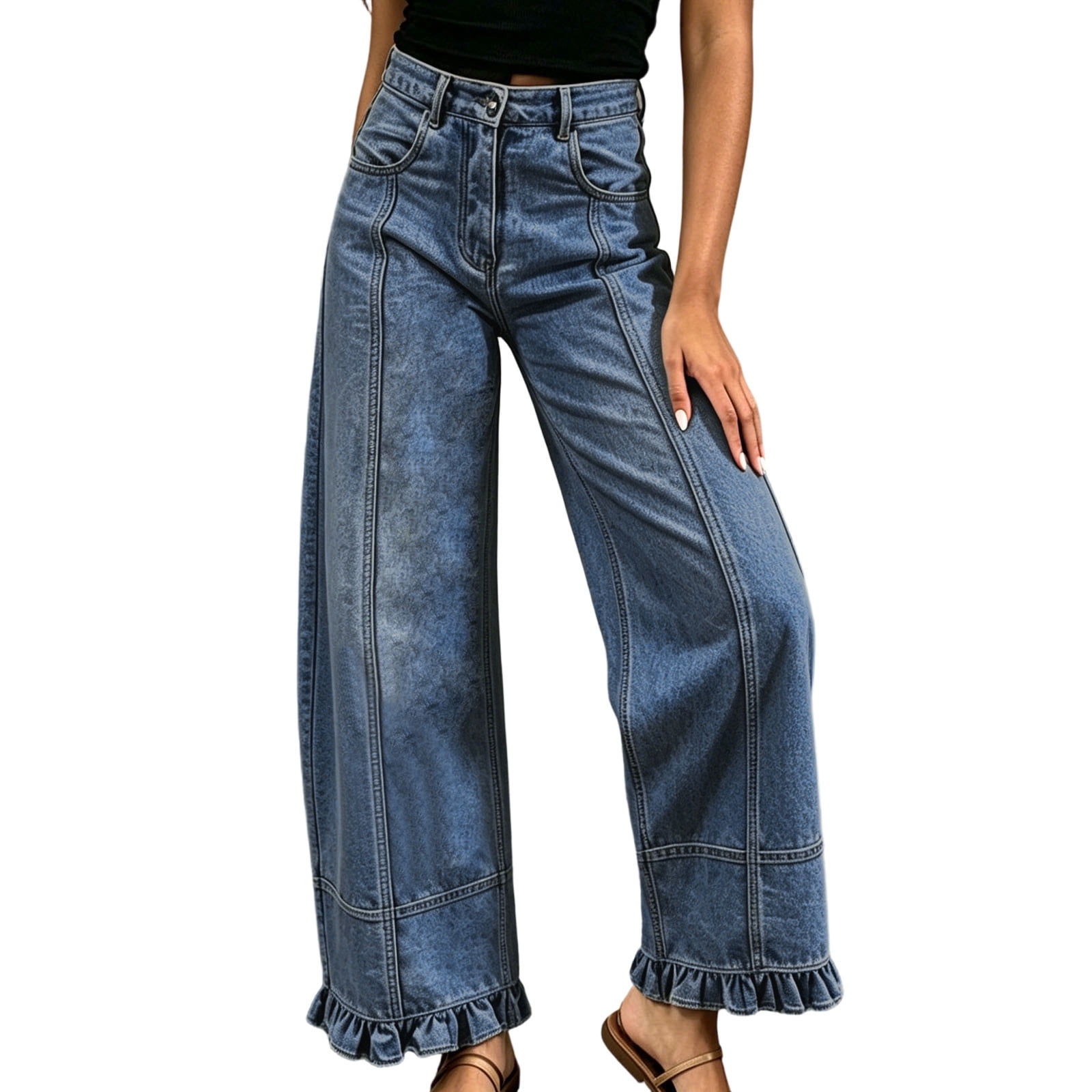 FAWUUDO Women's Jeans High Waist Wide Leg Solid Color Casual Folded Hem ...