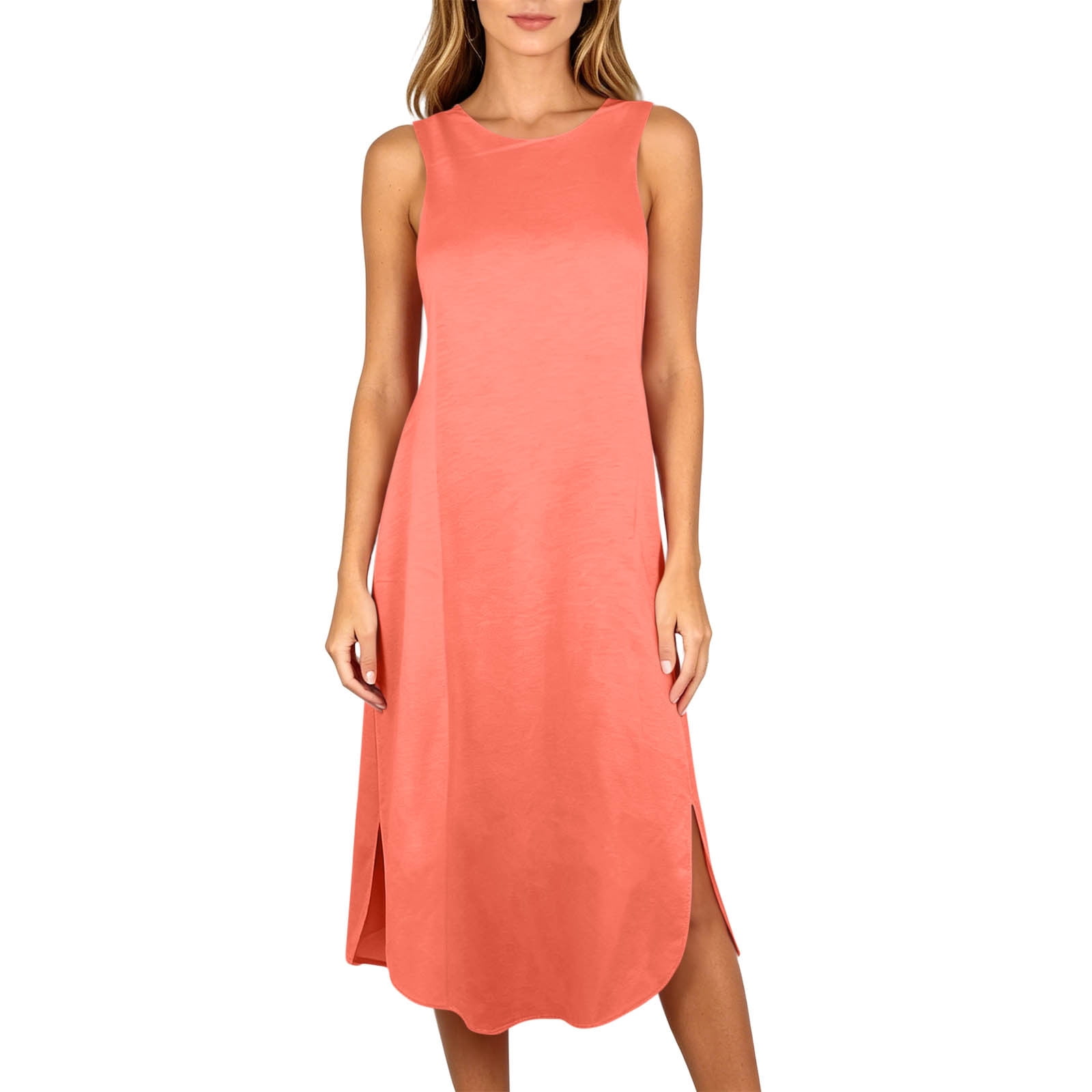 FAWUUDO Women's Nightgowns Solid Color Sleeveless Crew Neck Side Split ...