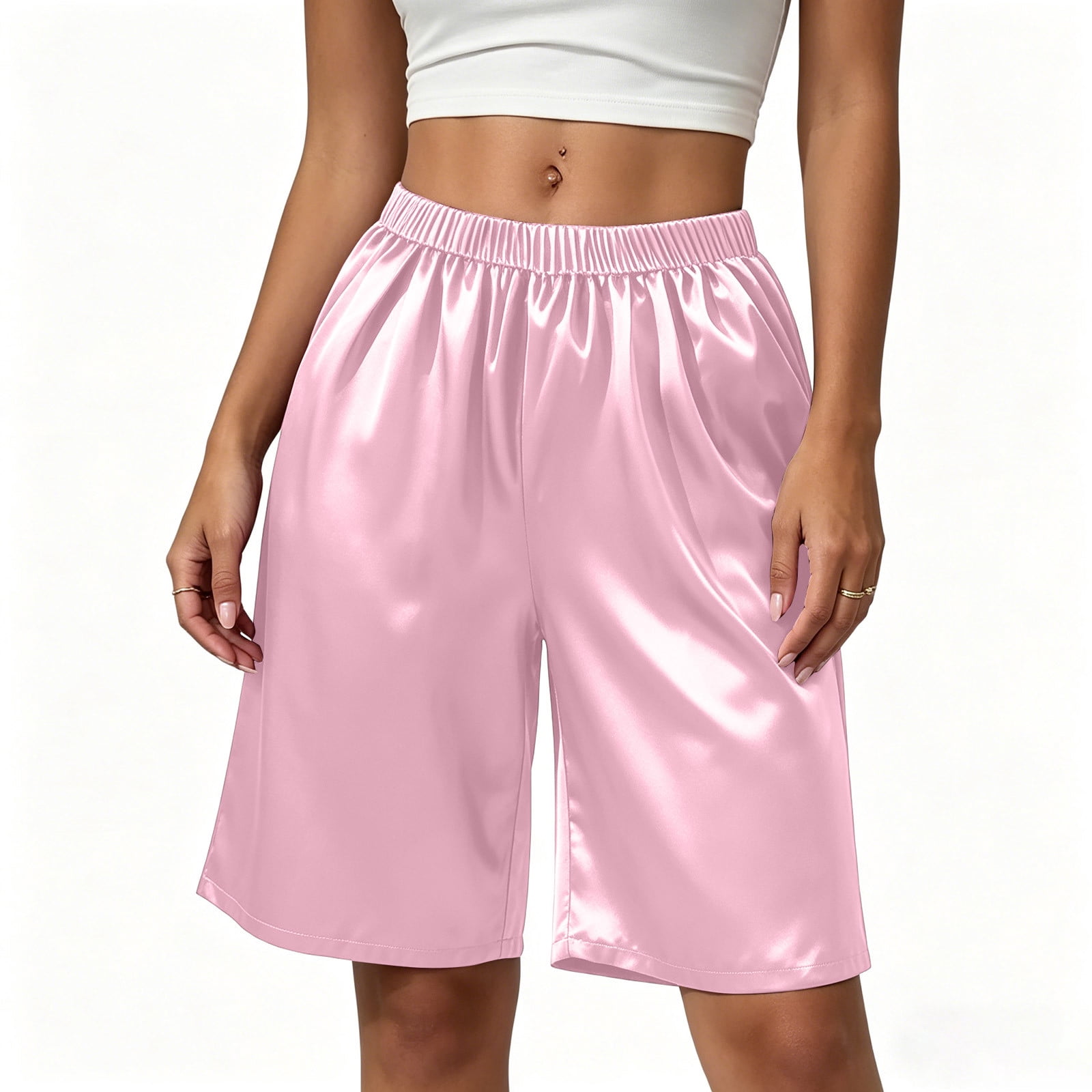 FAWUUDO Women's Pajama Shorts Ice Silk 5 Inch Inseam Loose Elastic ...