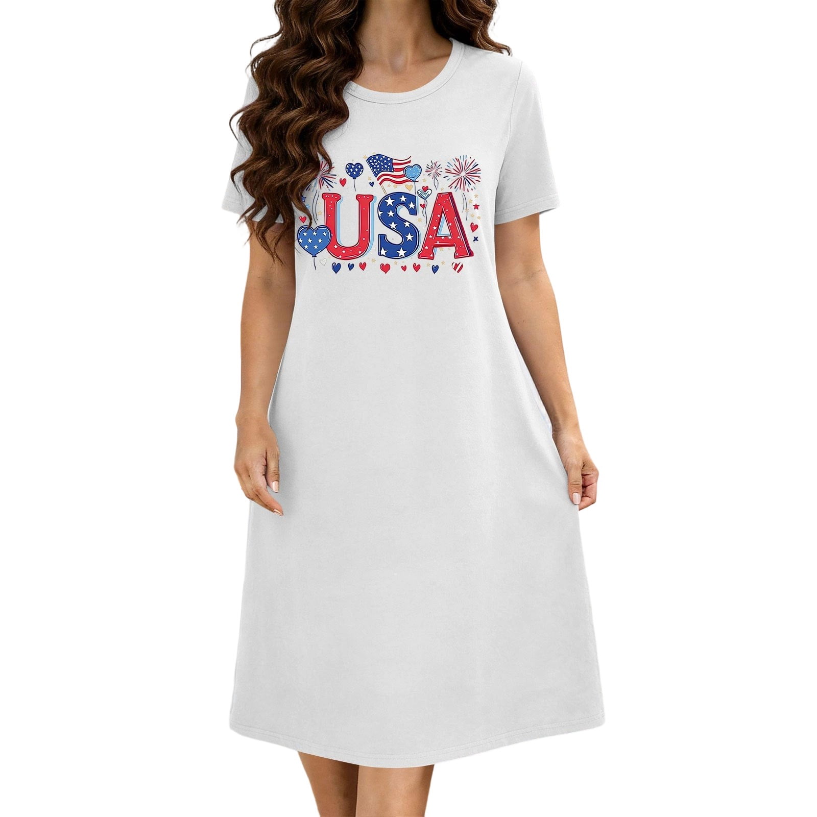 FAWUUDO Women's Plus Size Short Nightgown Short Sleeve Round Neck Pjs ...