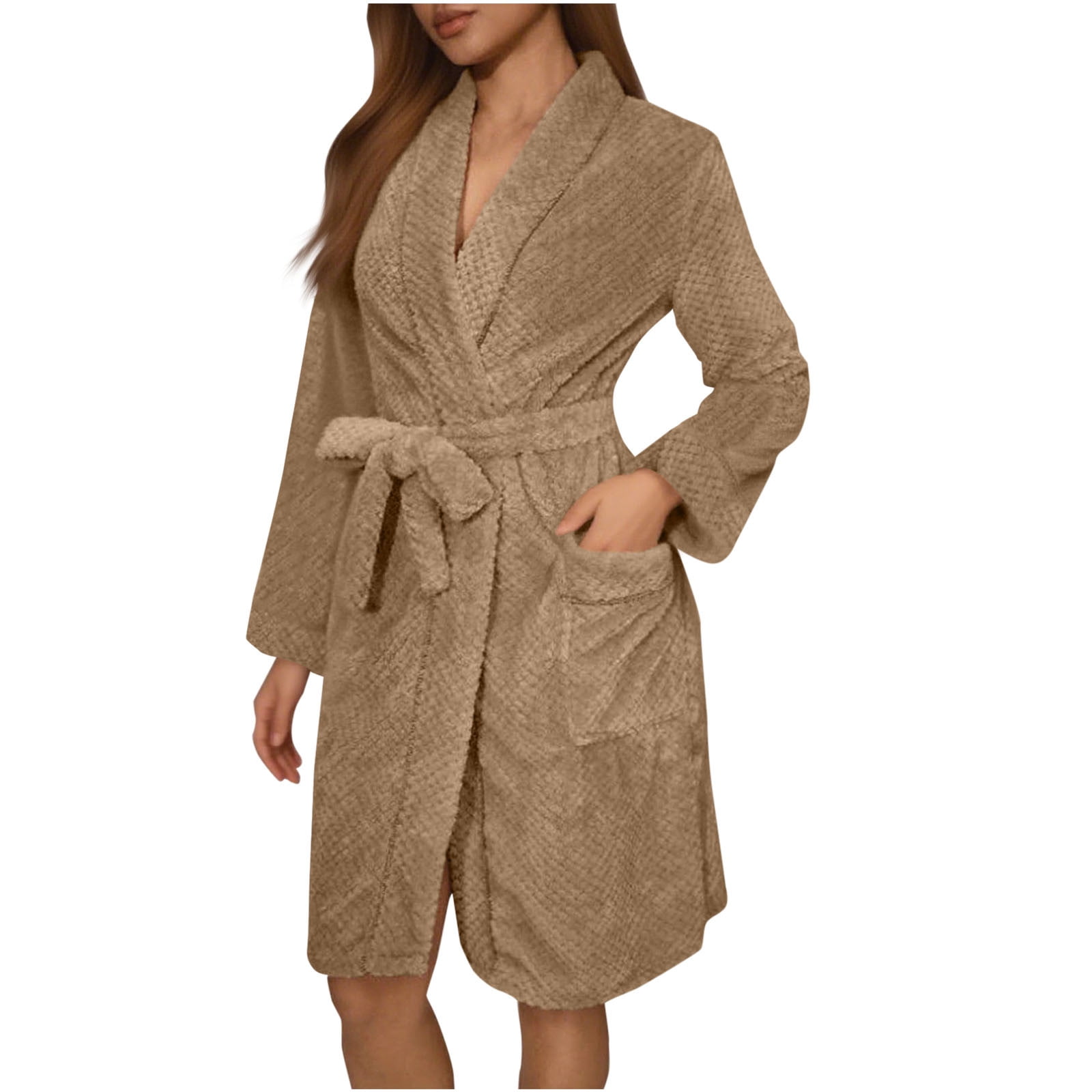 FAWUUDO Women's Robes Short Plush Bathrobe Knee Length Warm Soft ...
