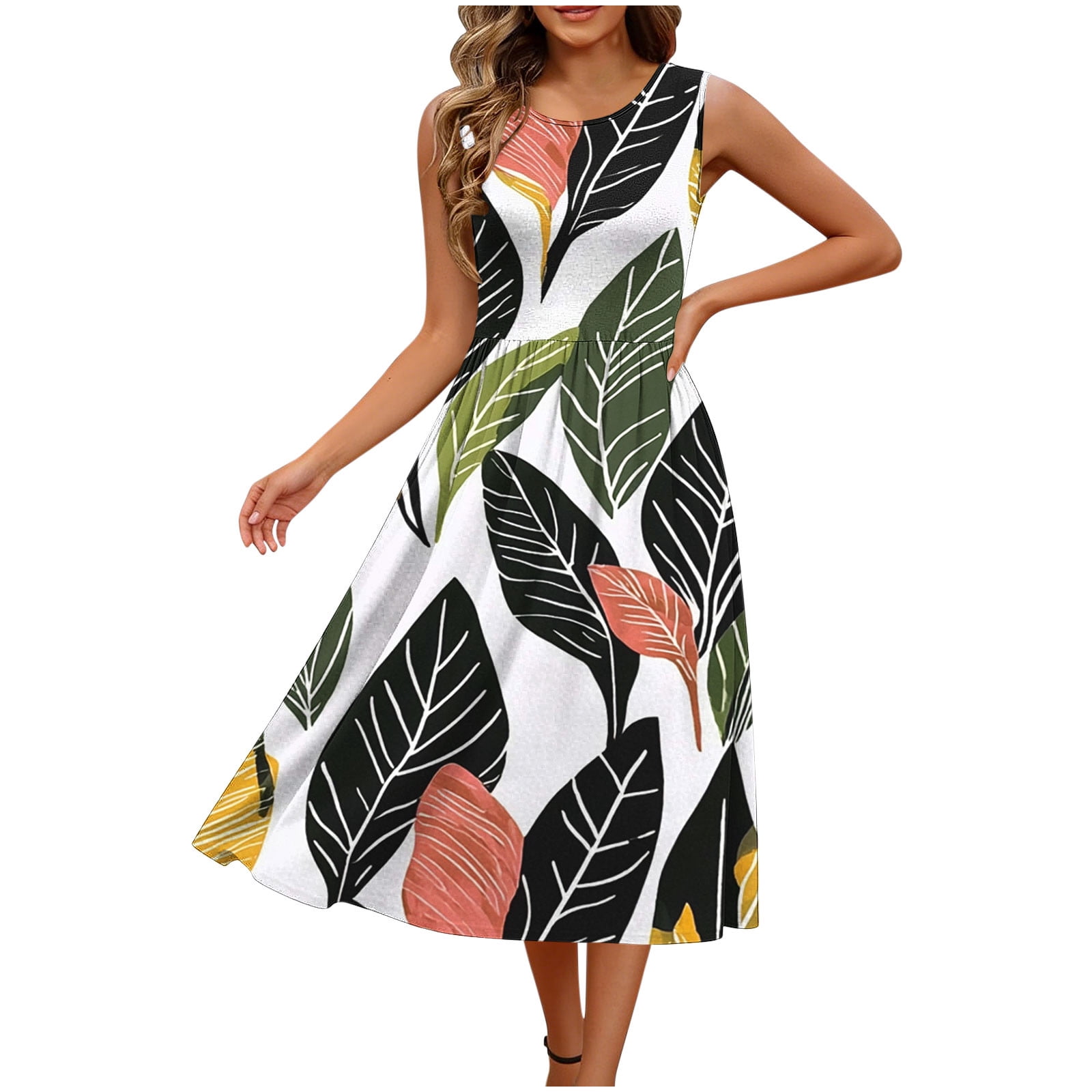 FAWUUDO Women's Summer Dresses Non Positioning Printed Sleeveless Round ...