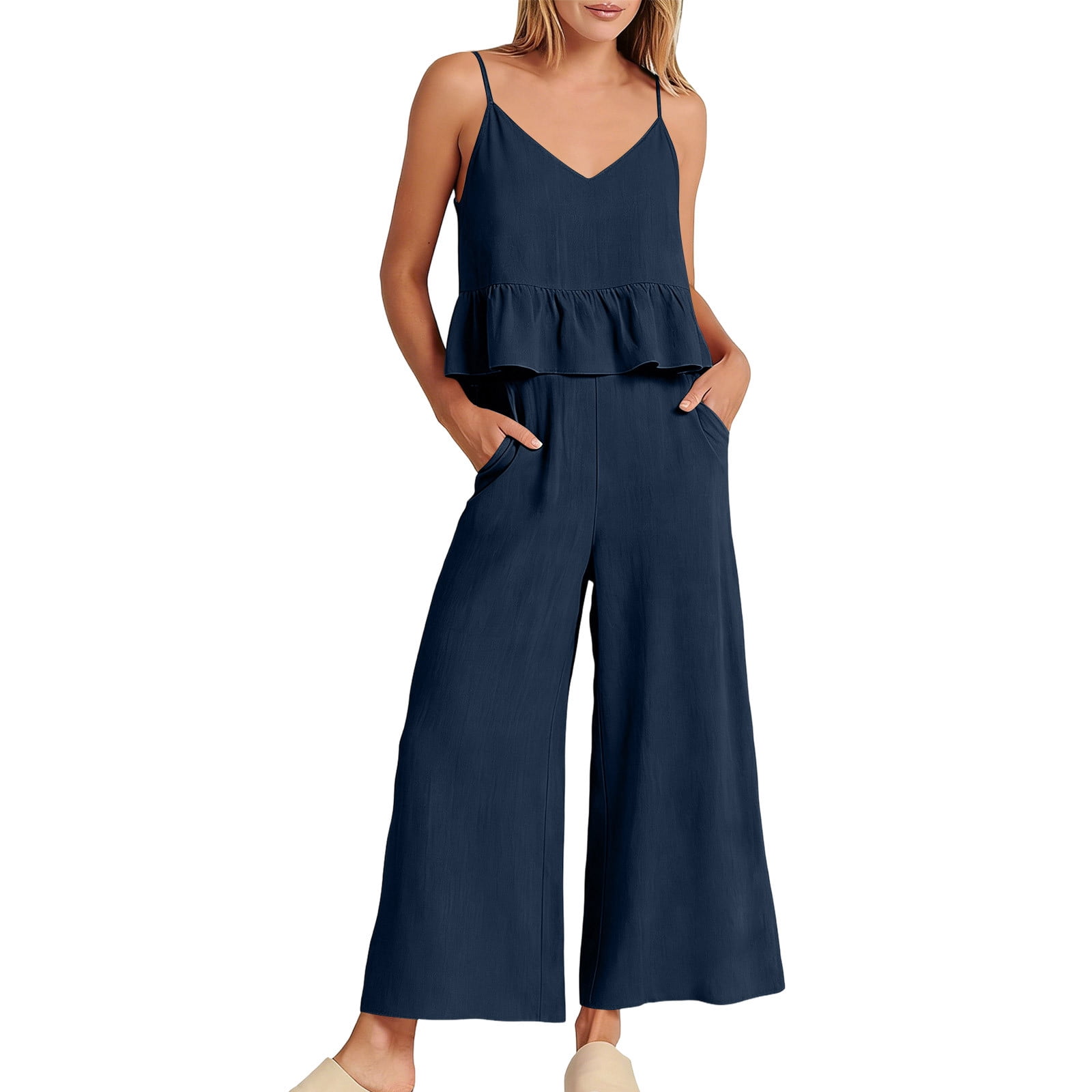 FAWUUDO Women's Two Piece Sets V Neck Sleeveless Camisole Top and Wide ...