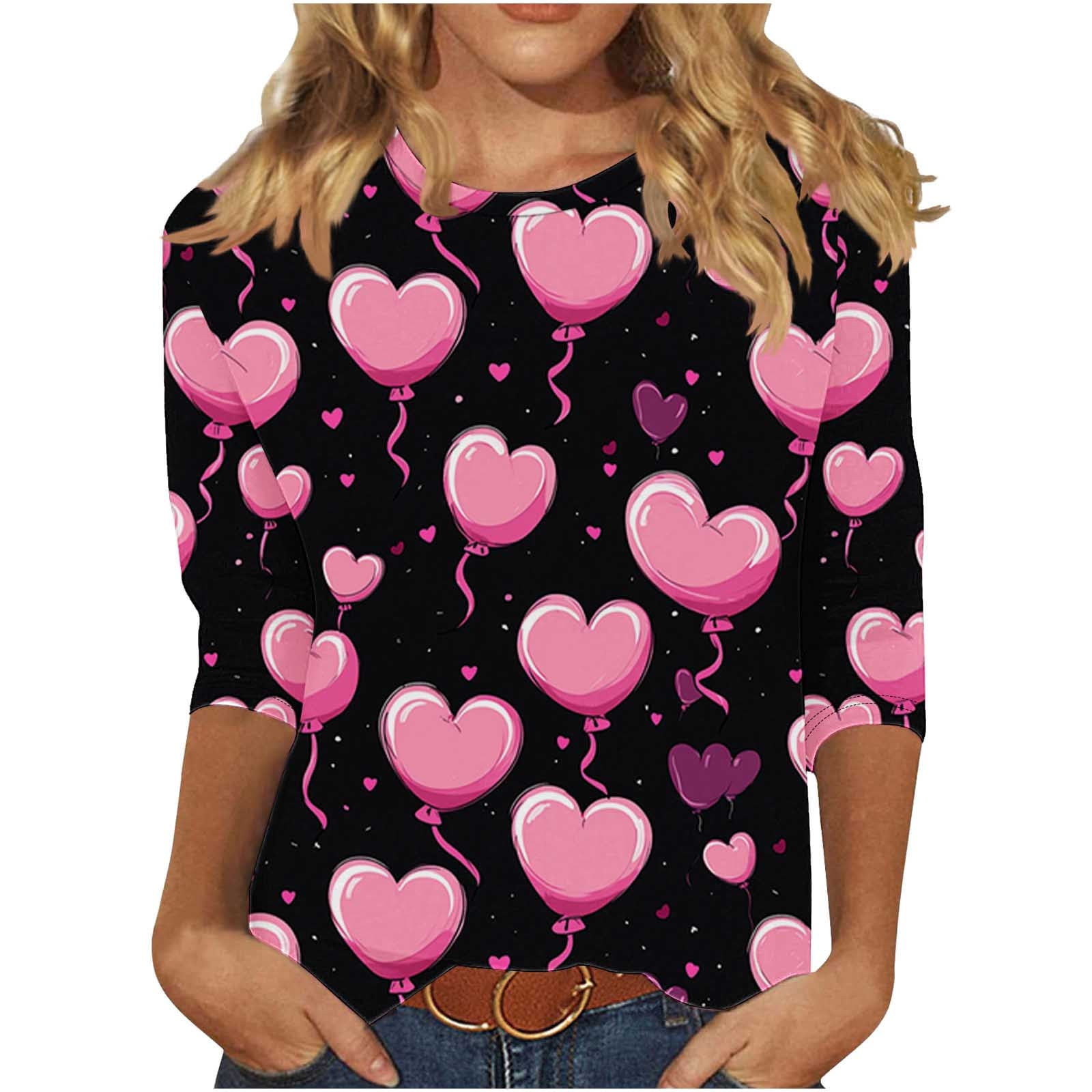 FAWUUDO Womens 3/4 Sleeve Crew Neck Valentines T Shirts Love Heart ...