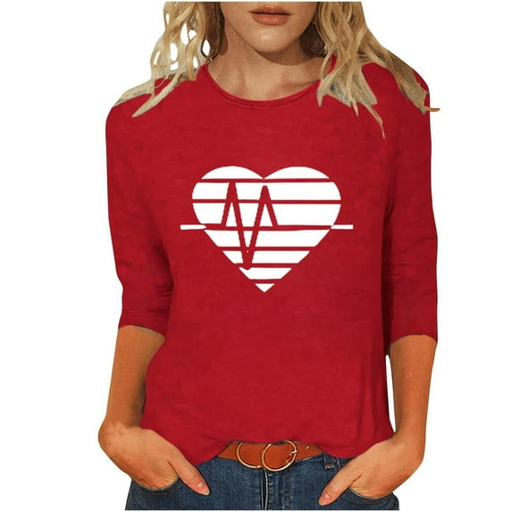 FAWUUDO Womens Sweet Valentines Loose Fit T Shirt 3/4 Sleeve Round Neck ...