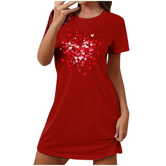 FAWUUDO Womens Valentine Heart Print Short Sleeve Round Neck Loose Fit ...