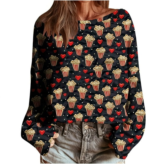 FAWUUDO Womens Valentines Day Printed Batwing Sleeve Top Crewneck ...