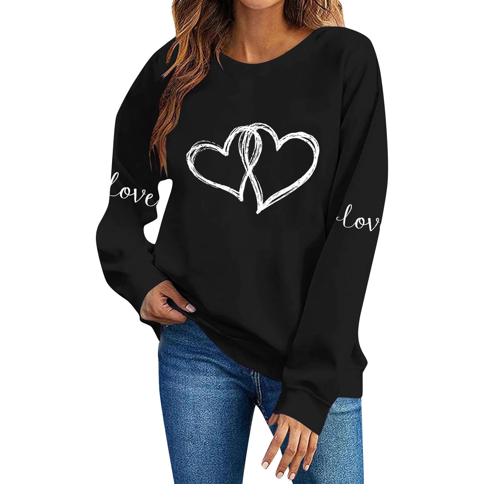 FAWUUDO Womens Valentines Day Sweatshirt Heart Print Crewneck Long ...