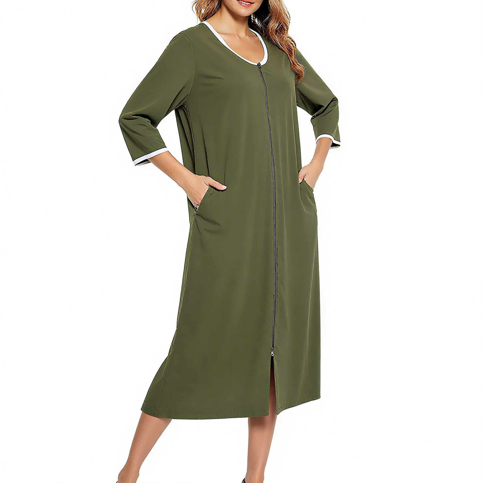 FAWUUDO Zipper Front Striped Nightgown for Women Short Sleeve Sleepwear ...