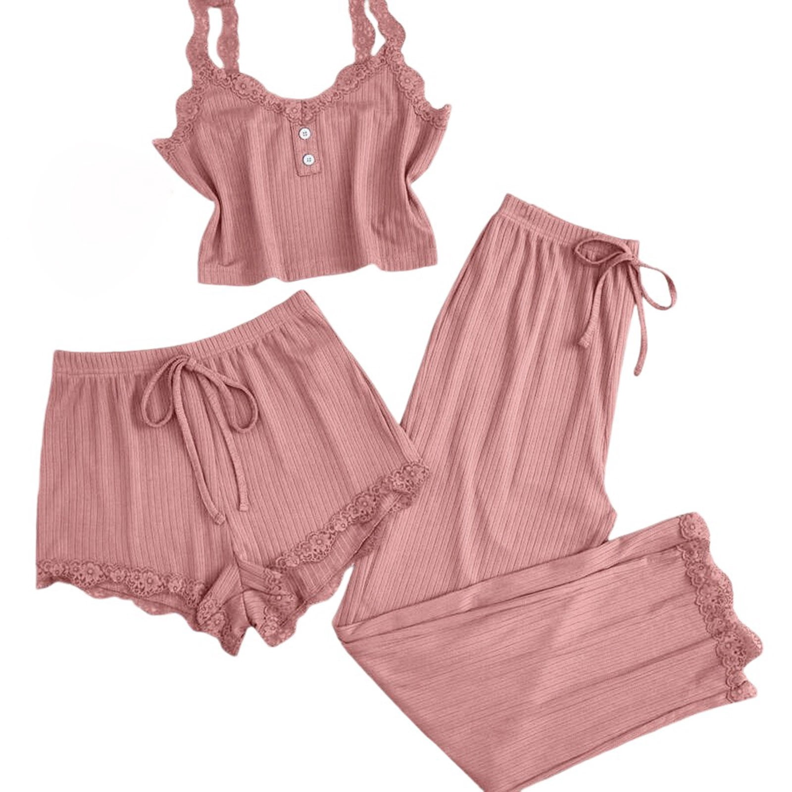 FAZVAOO Pajama Sets for Women 3 Piece Lace Trim Sleeveless V Neck ...