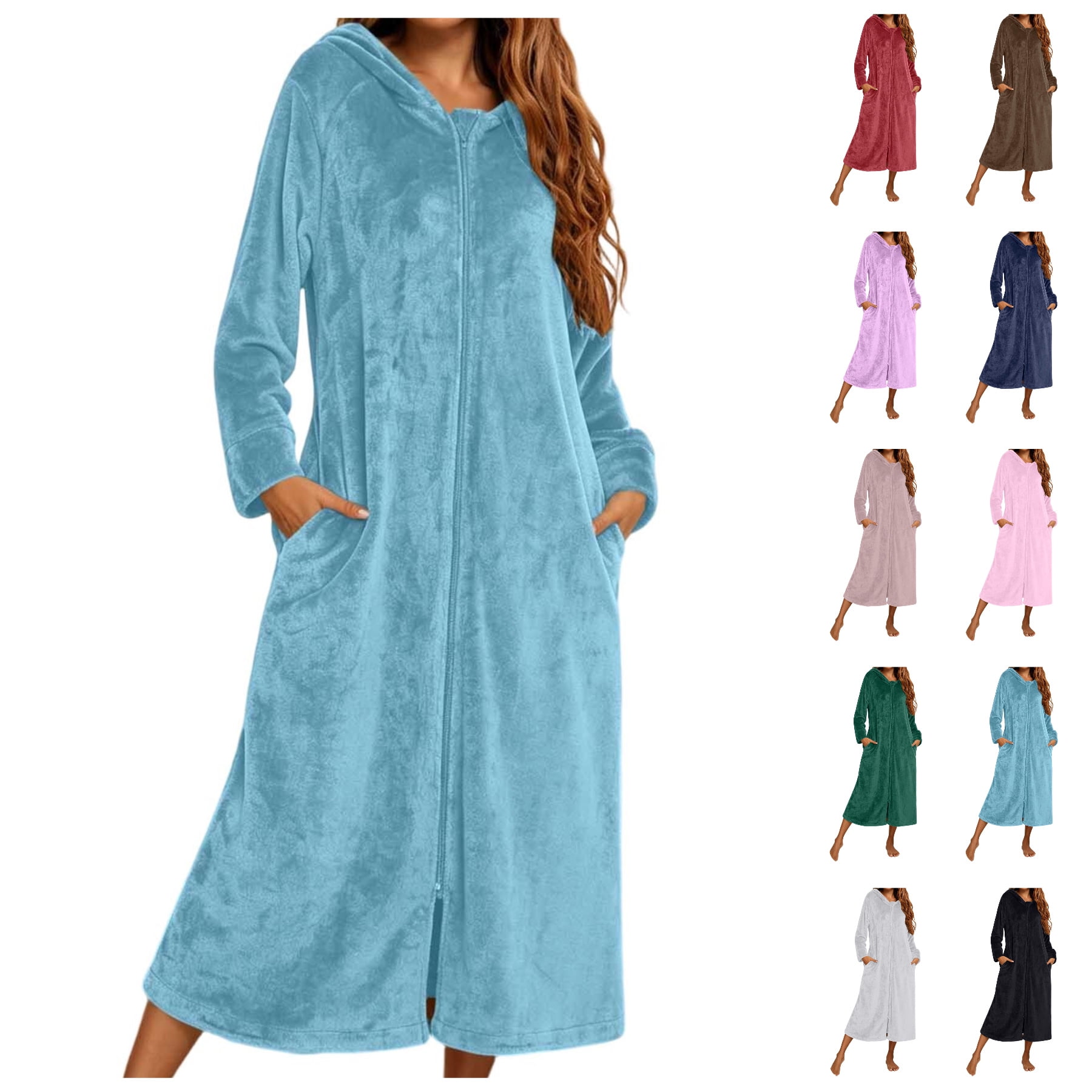 FAZVAOO Robe Women Full Length Hooded Bathrobe Soft Zip Front Sleepwear ...