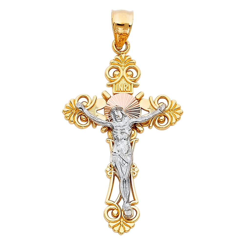FB Jewels 14K White and Yellow Two Tone Gold Budded Christian Crucifix ...