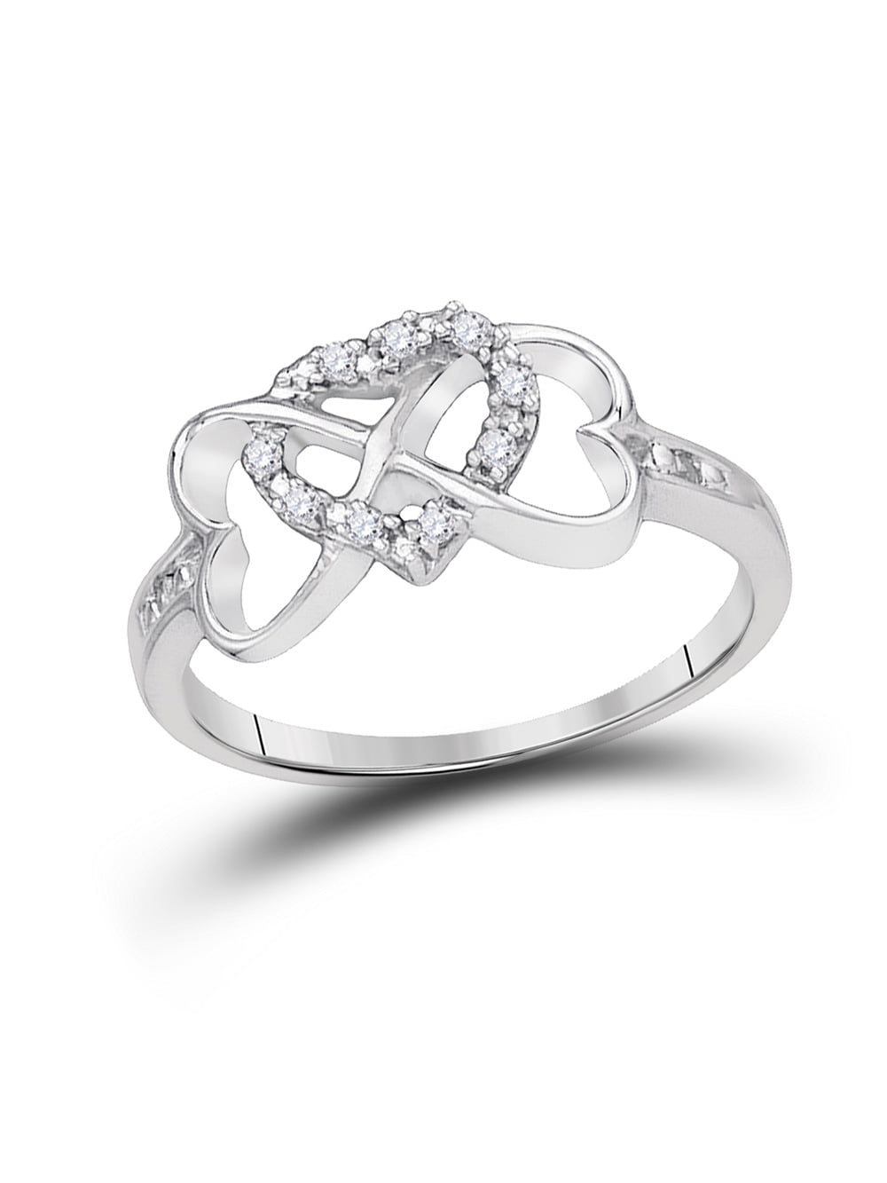 FB Jewels Sterling Silver Womens Round Diamond Triple Heart Ring 1/12 ...