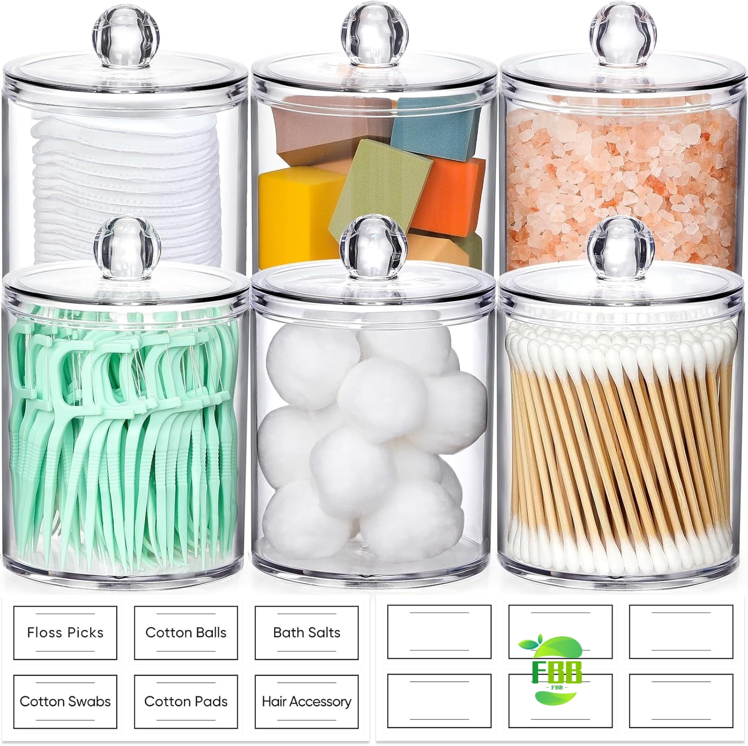 FBB 6 Pack Acrylic Qtip Holder Dispenser for Cotton,Swab, Ball, Round ...