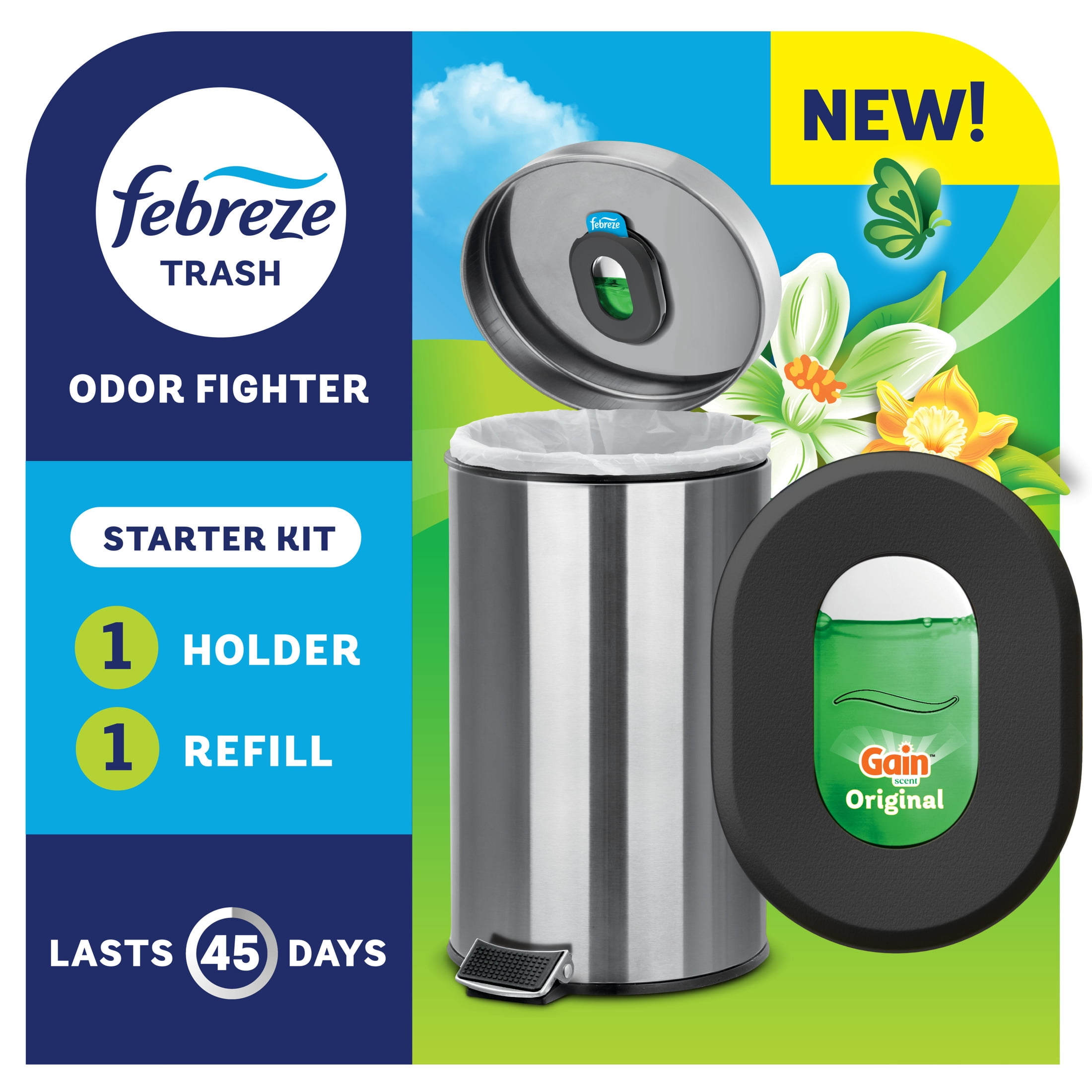 Febreze Trash Odor Fighter, Gain Original Scent, 1 Holder + 1 Refill ...
