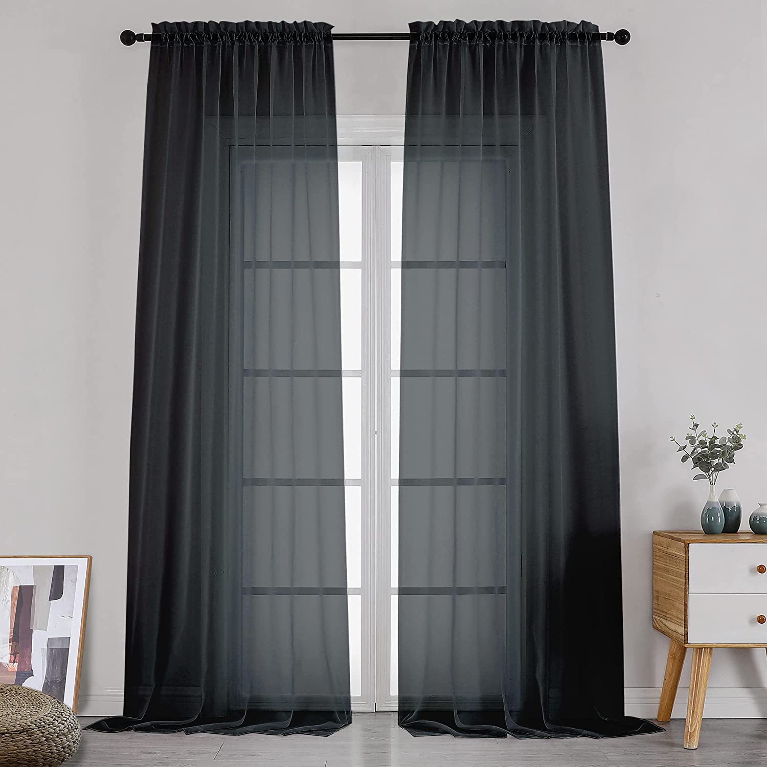 FCCAUD-Black Sheer Curtains 120 Inches Long, Extra Long Rod Pocket ...
