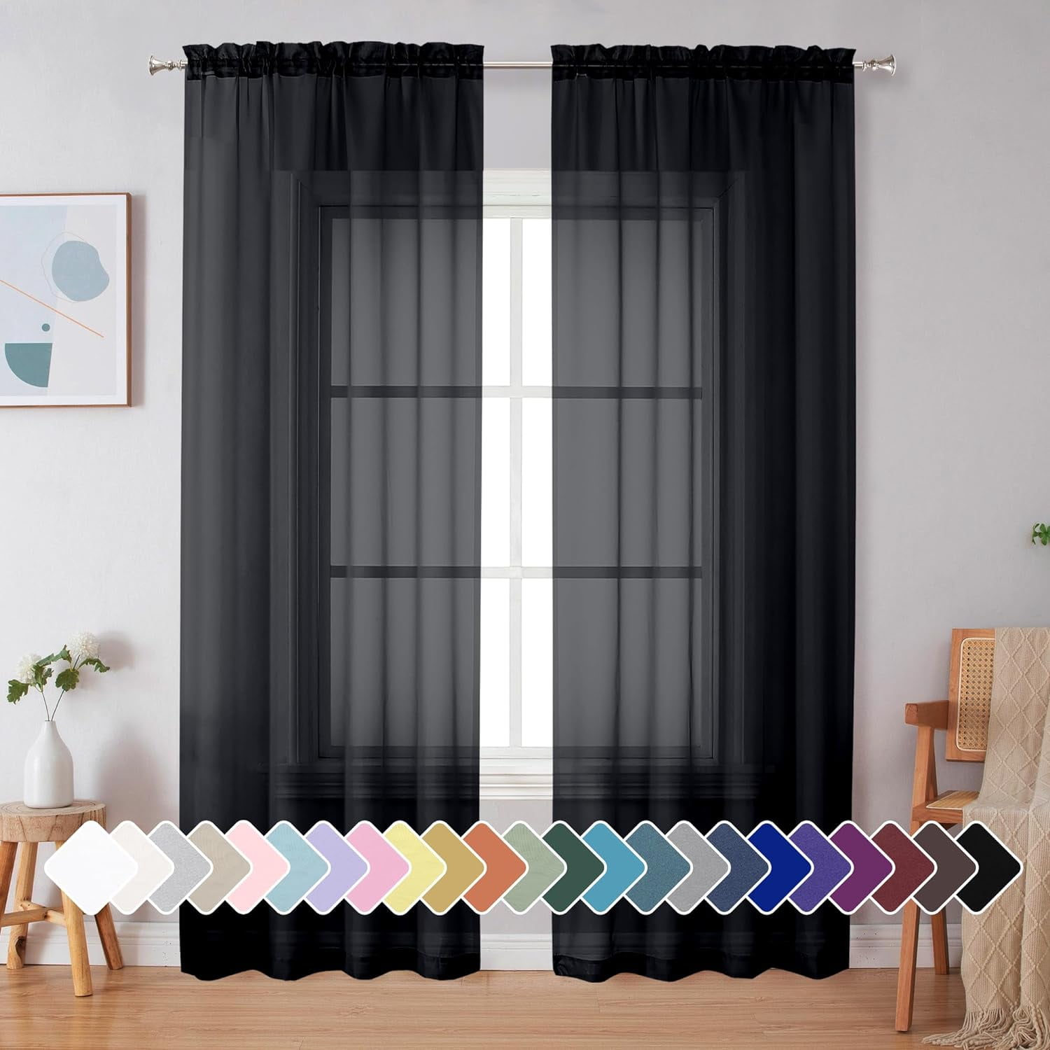 FCCAUD-Black Sheer Curtains 90 Inches Long, Light Filtering Rod Pocket ...