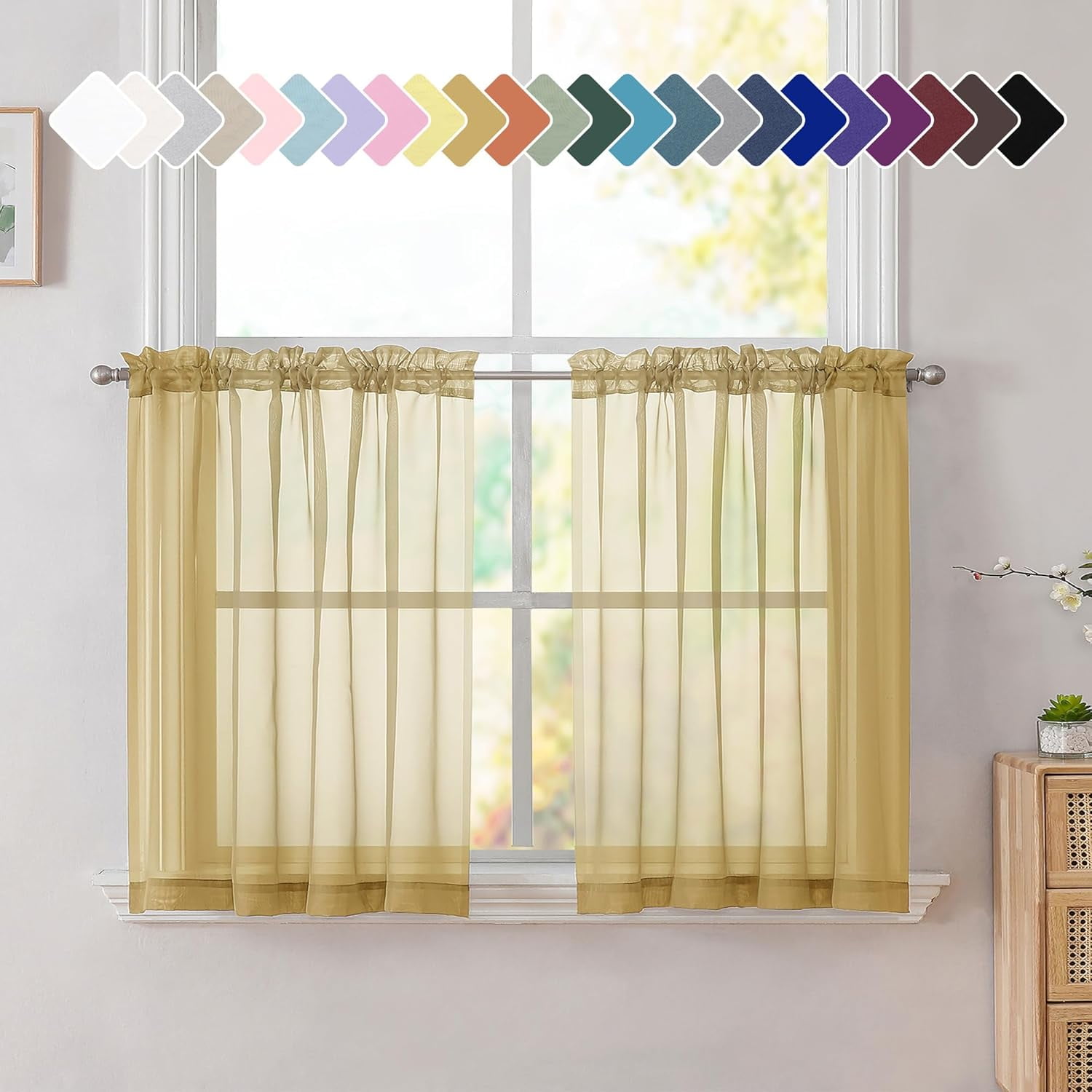 FCCAUD-Gold Sheer Tier Curtains for Kitchen 24 Inches Long 2 Panels Set ...