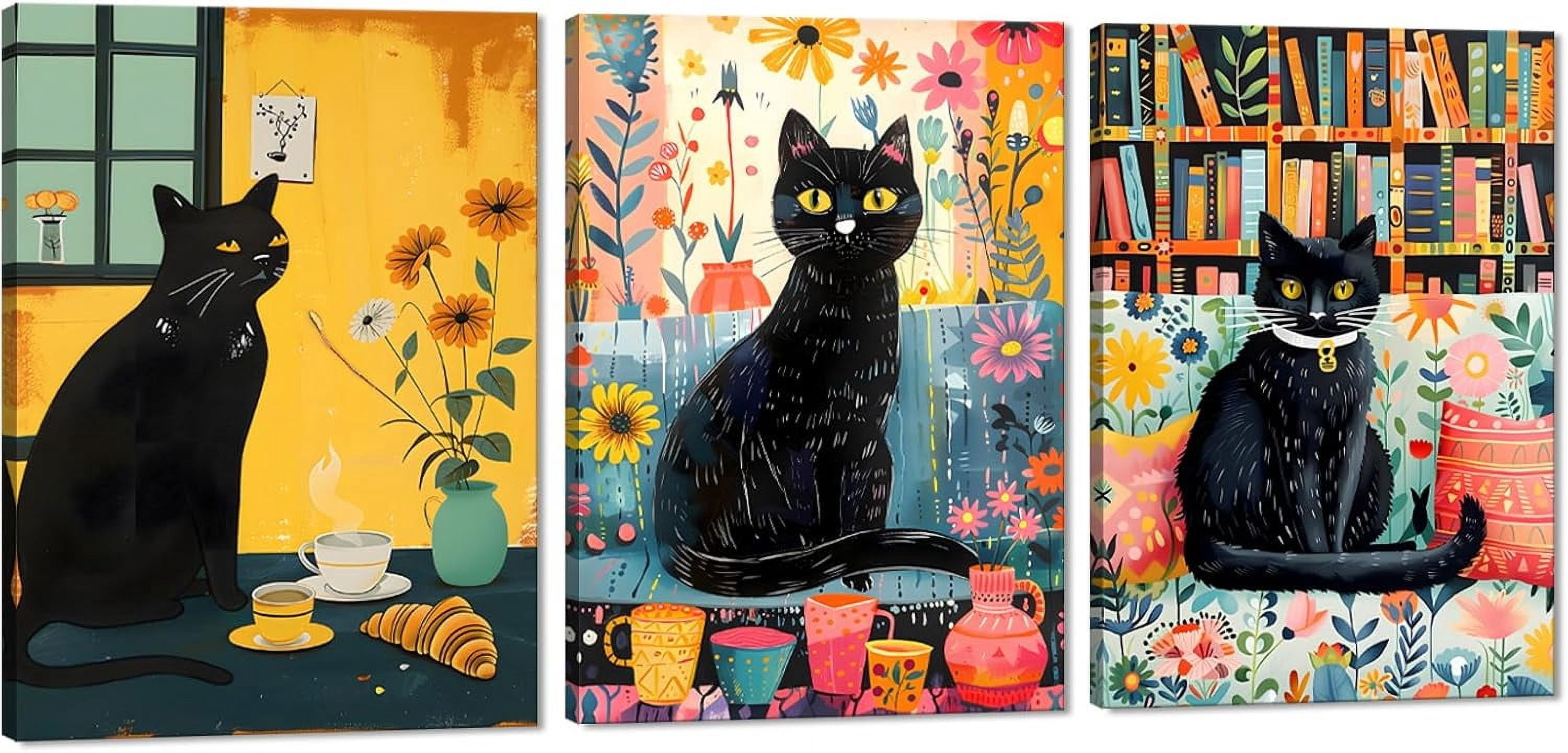 FCCUYE 3 Panel Vintage Cat Canvas Wall Art Cute Animal Print Picture ...