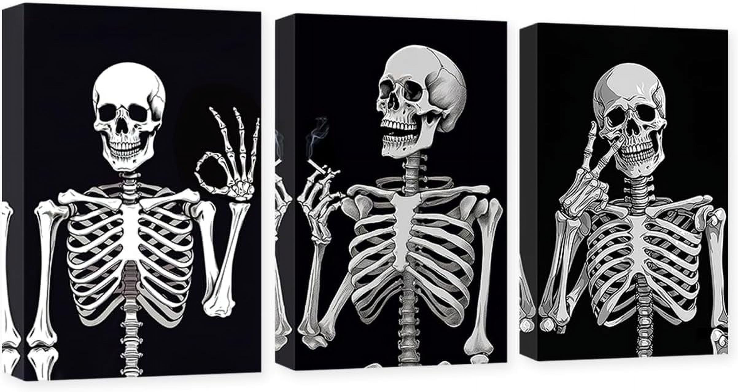 FCCUYE 3 Panels Skull Canvas Wall Art Skeleton Pictures Wall Decor Skull Hippie Posing Painting ...
