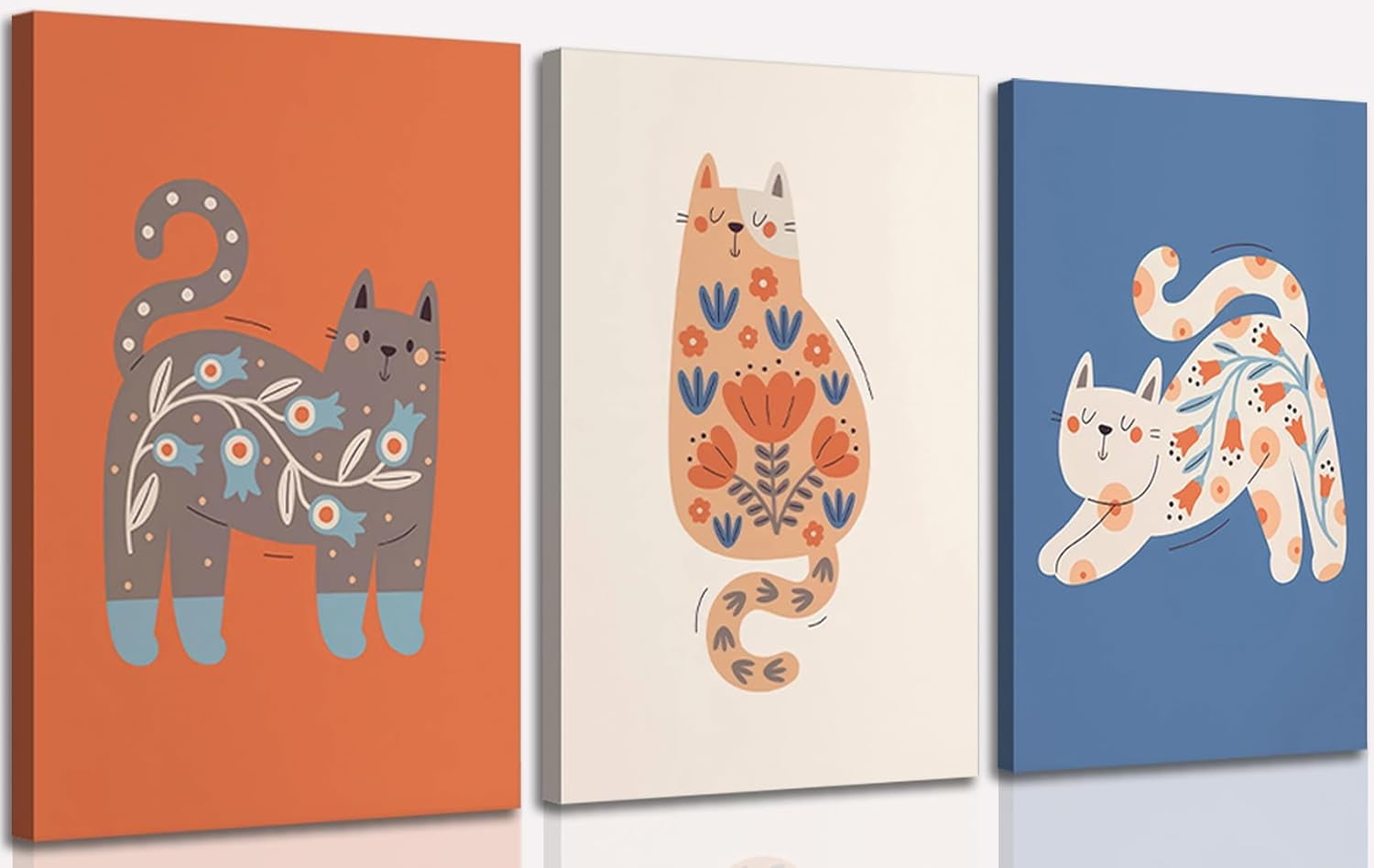 FCCUYE 3Pcs Boho Cats Canvas Wall Art Flowers cat Wall decor Vintage ...