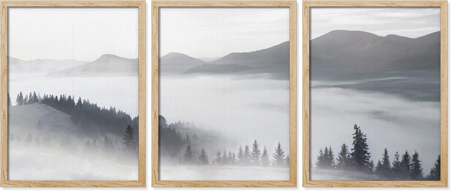 FCCUYE Framed Forest Landscape Wall Art, Set of 3 Purple Misty Mountain ...