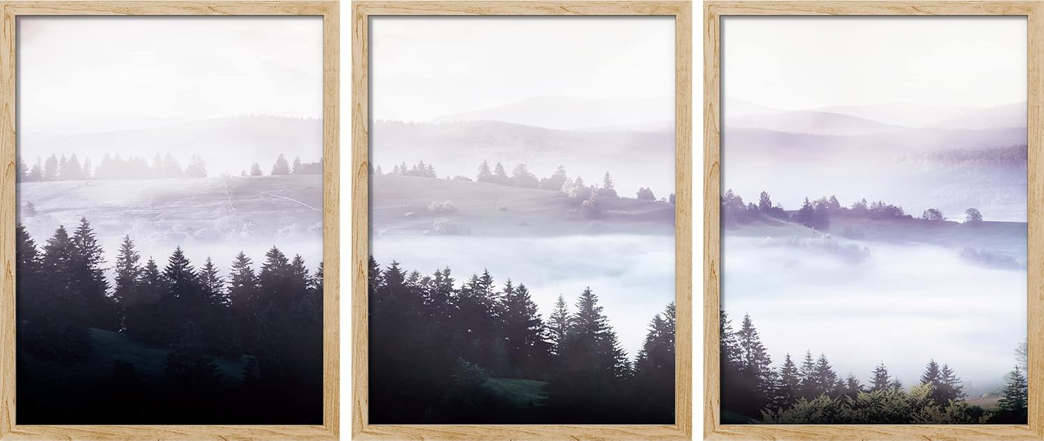 FCCUYE Framed Forest Landscape Wall Art, Set of 3 Purple Misty Mountain ...