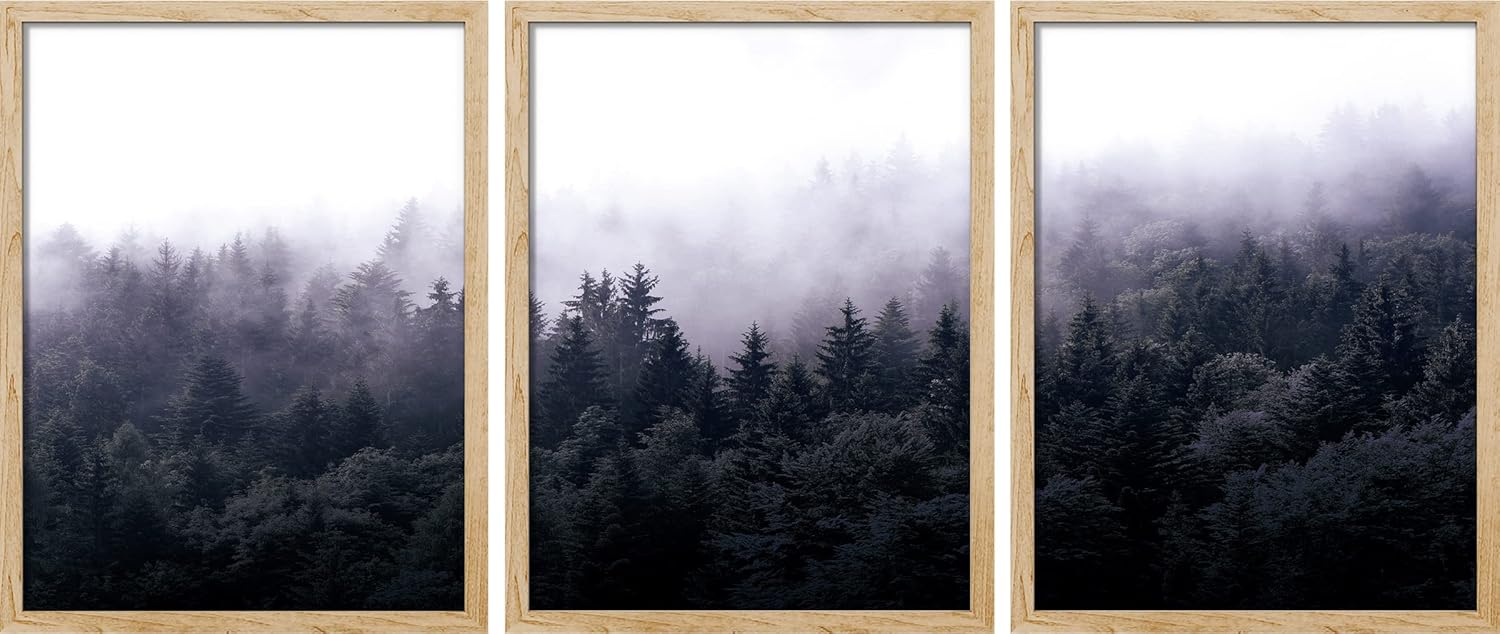 FCCUYE Framed Forest Landscape Wall Art, Set of 3 Purple Misty Mountain ...