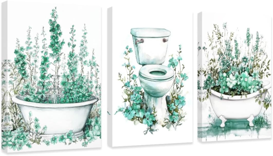 FCCUYE Funny Bathroom Wall Art 3 Piece Floral Bathtub Picture Toilet ...