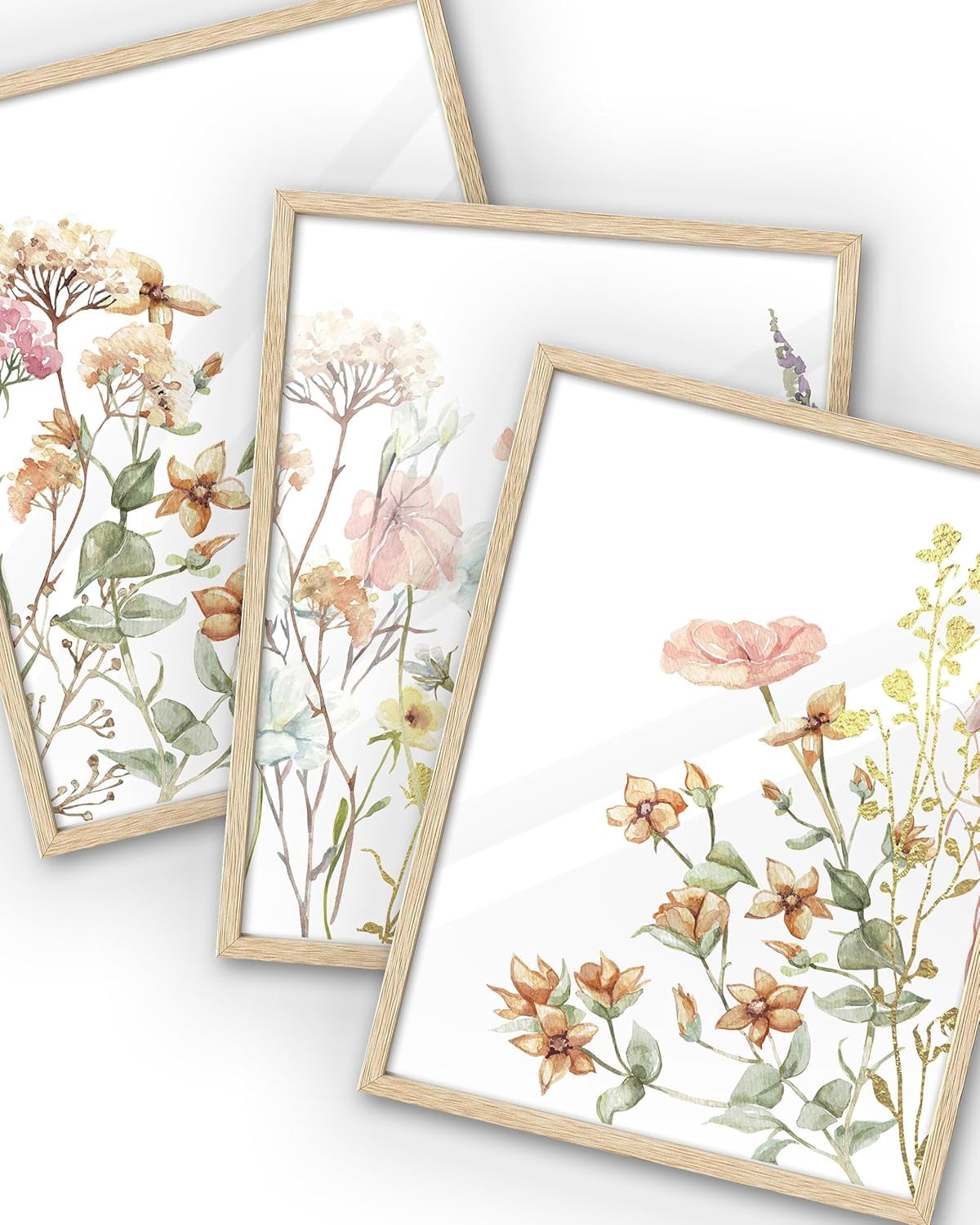 FCCUYE Natural OAK Wood Framed Floral Wall Art, 12x16 in Set of 3 ...