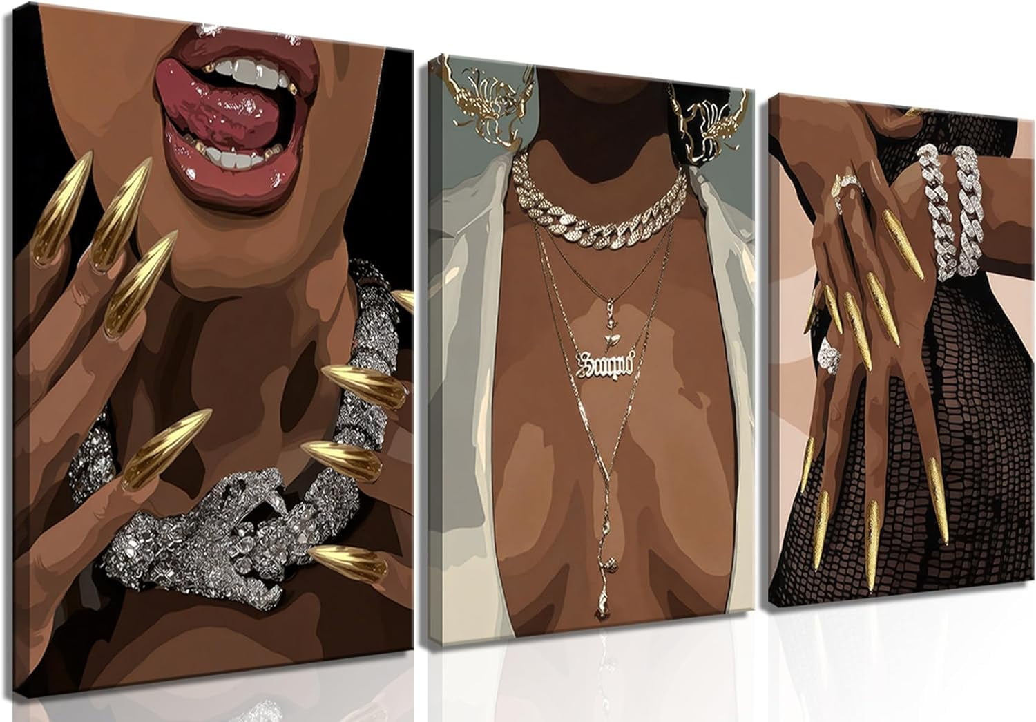 FCCUYE Trendy Black Girl Wall Art Set of 3, African American Pictures Wall Decor Fashion African ...