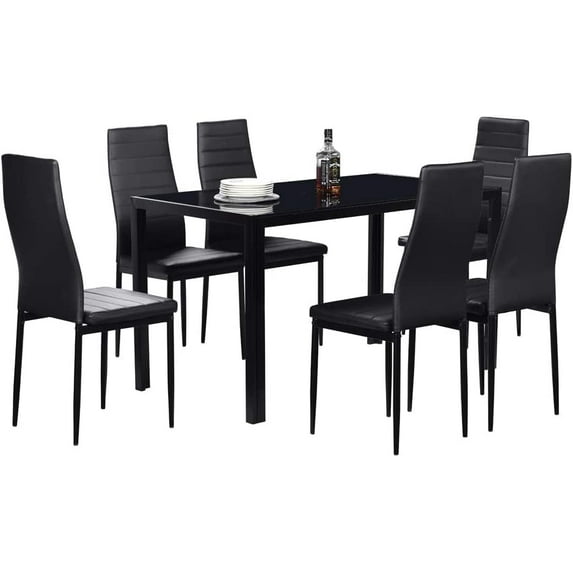 FCH Black Glass Table Set with Tempered Glass Top, Rectangular Dining ...
