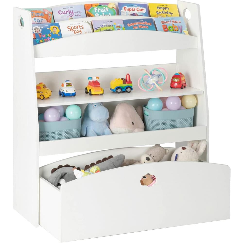 FCH Children Wood Toy Storage Racks with Rolling Toy Box, White ...