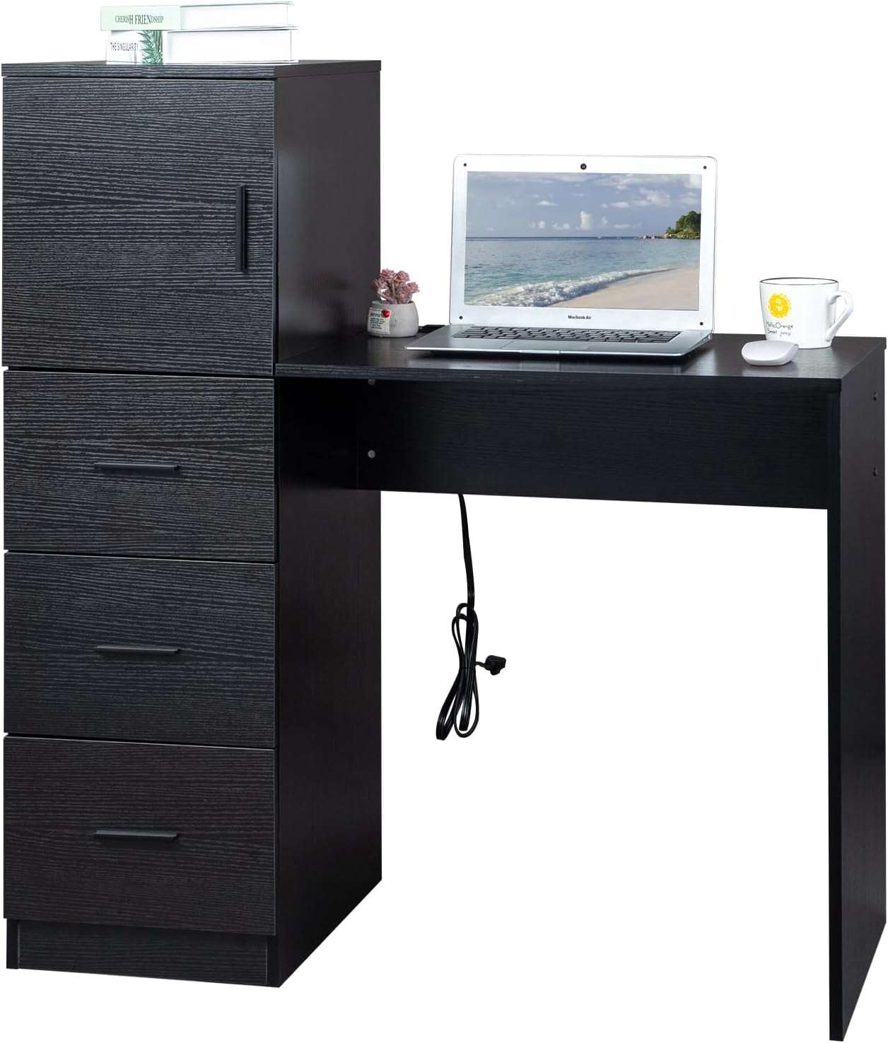 FCH Computer Desk with 4 Drawers, Black Standing Desk w/USB Ports Power ...